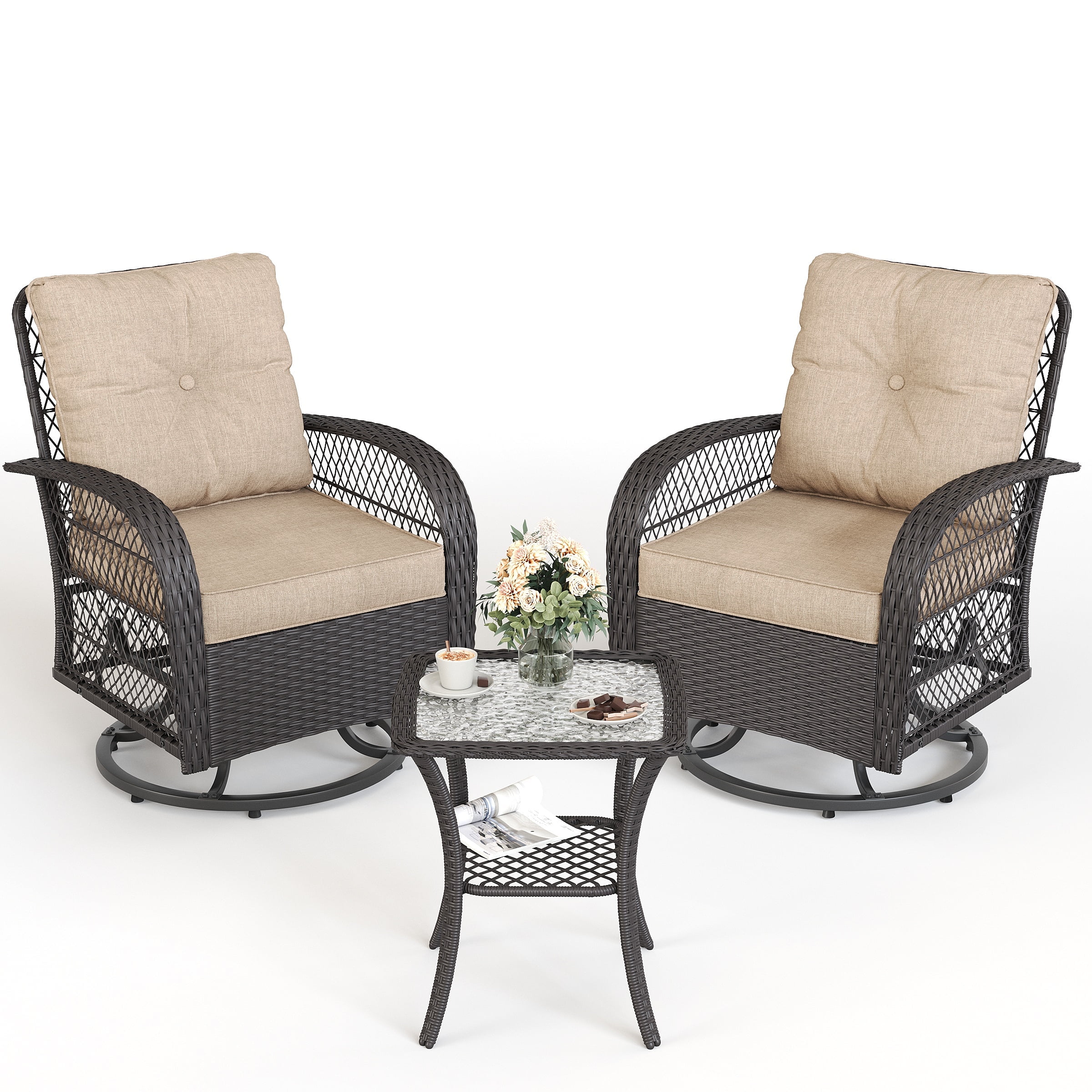 ELPOSUN 3-Piece Patio Set: Swivel Glider Rocker, Wicker Bistro, Rattan ...