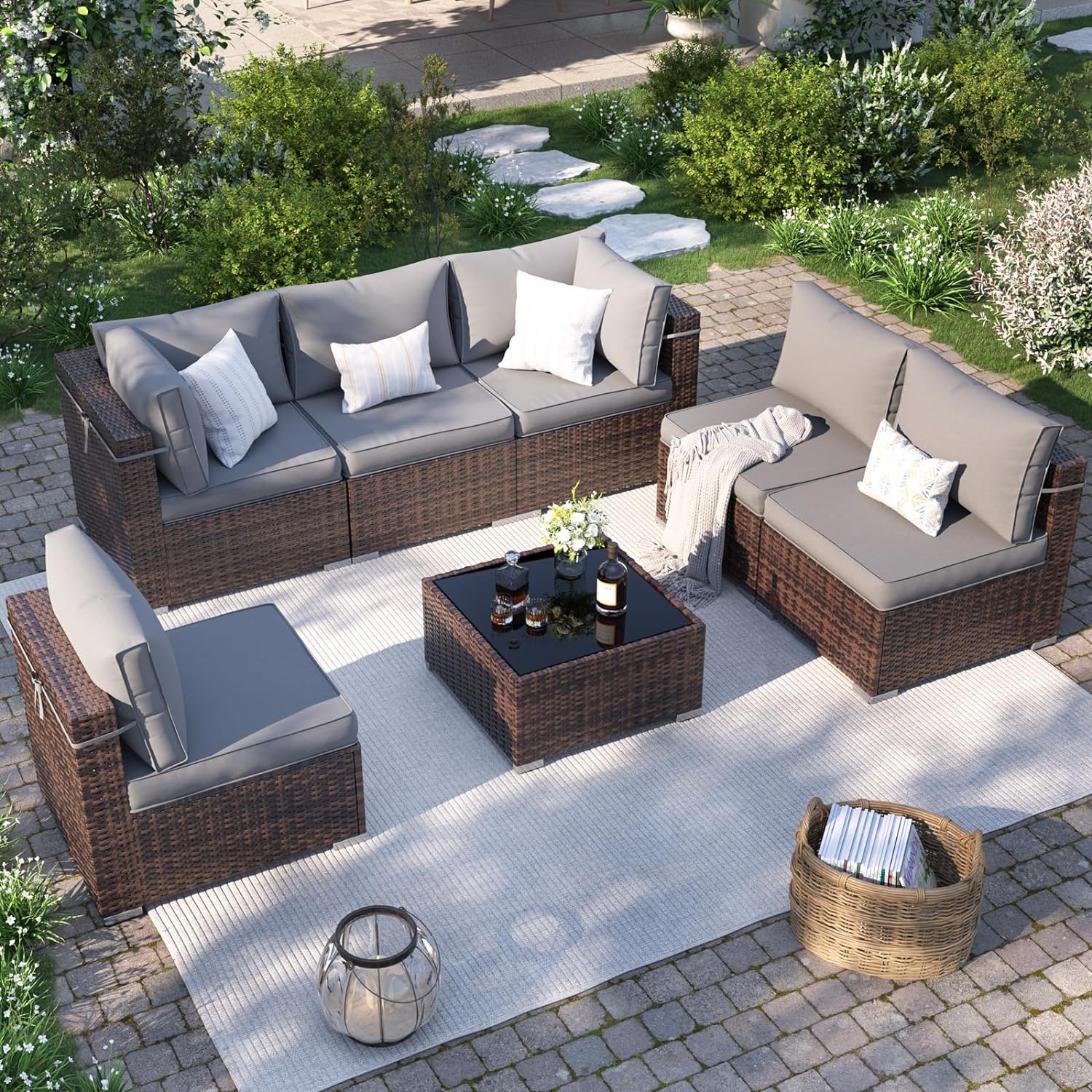 Outdoor 7 Seater Wicker Sectional Sofa Set with Cushions, Multibrown ...
