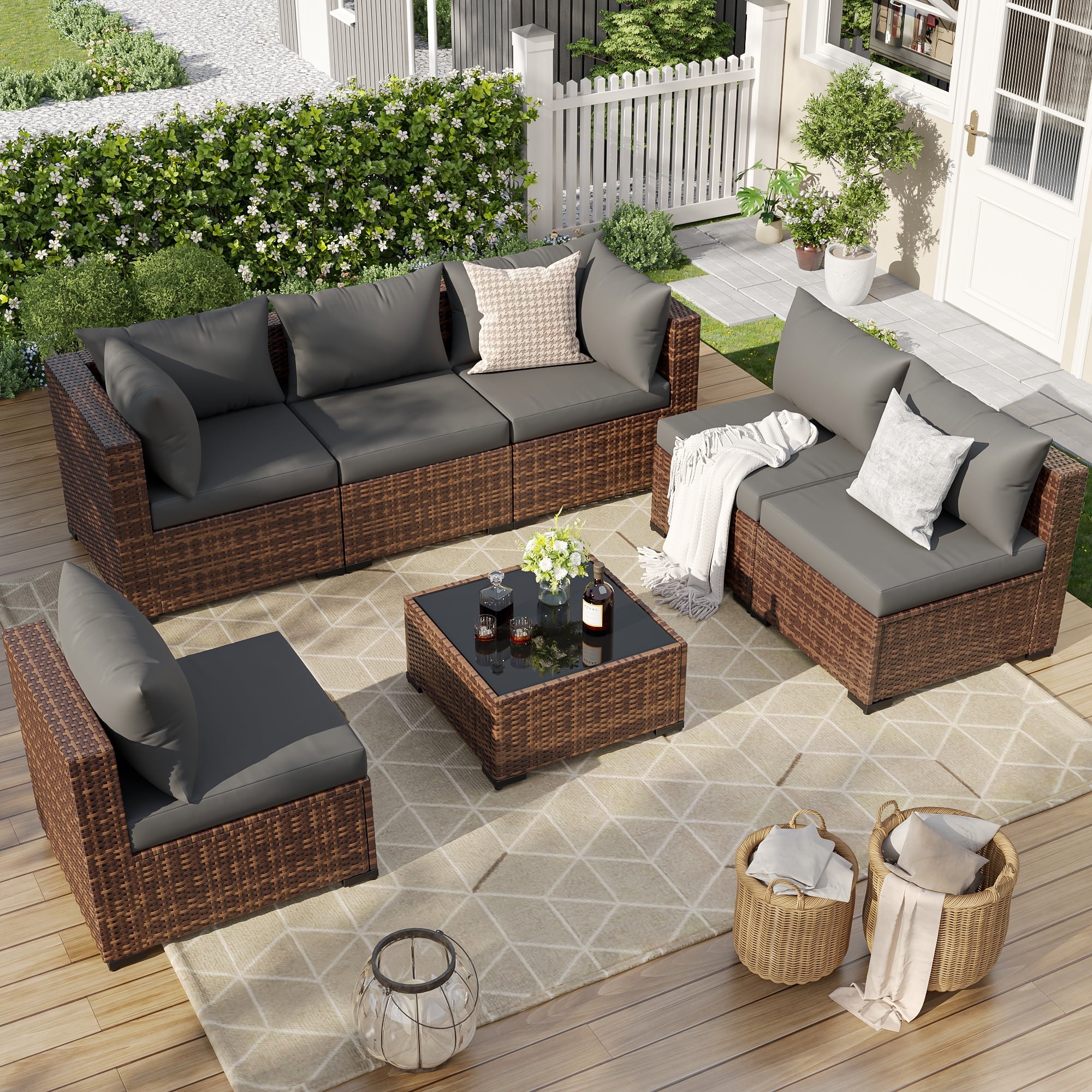 ELPOSUN 7-Piece All-Weather Patio Set, Outdoor Rattan Sofa with Glass ...