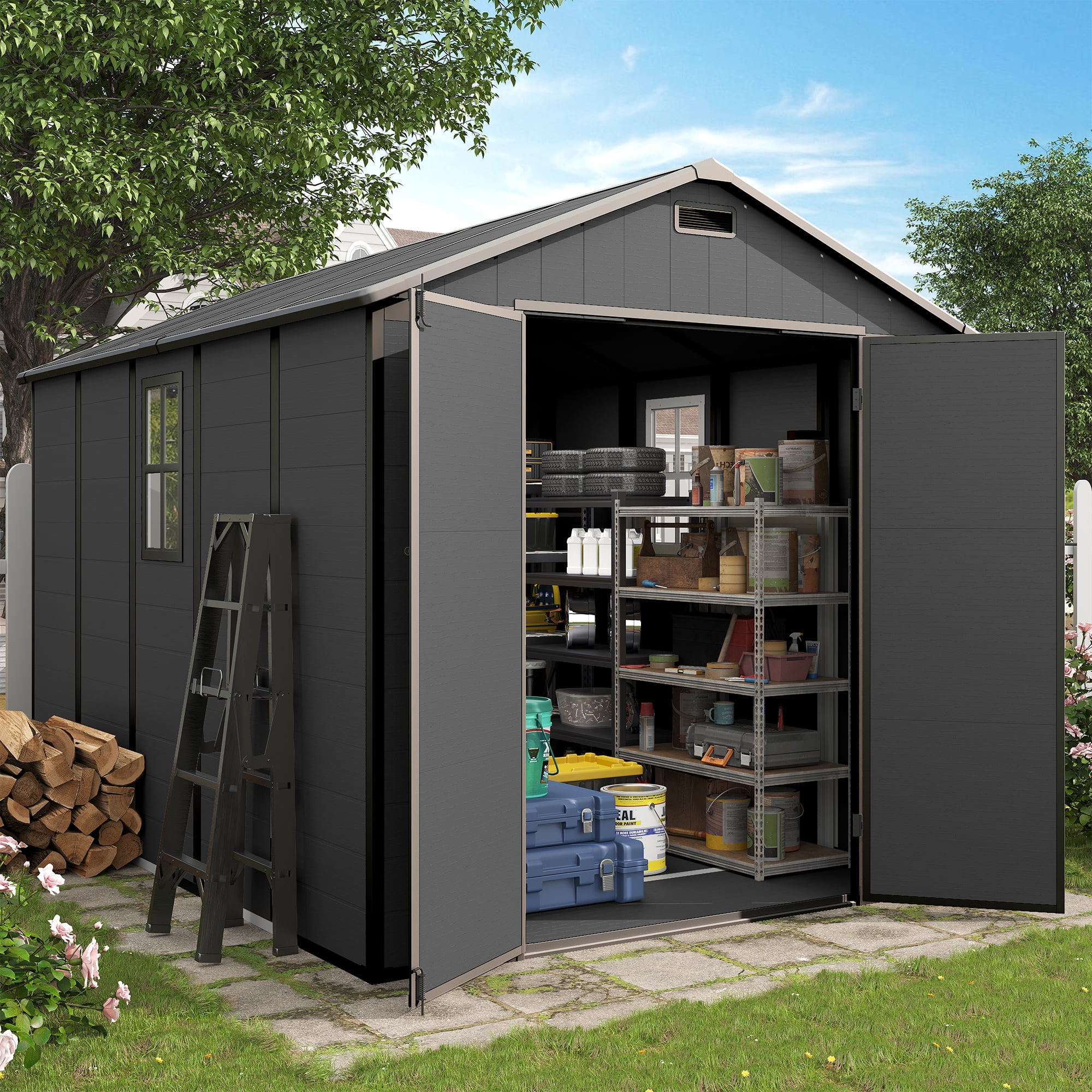 ELPOSUN Outdoor Resin Storage Shed 8x10 FT,Plastic Garden Shed for Bike ...