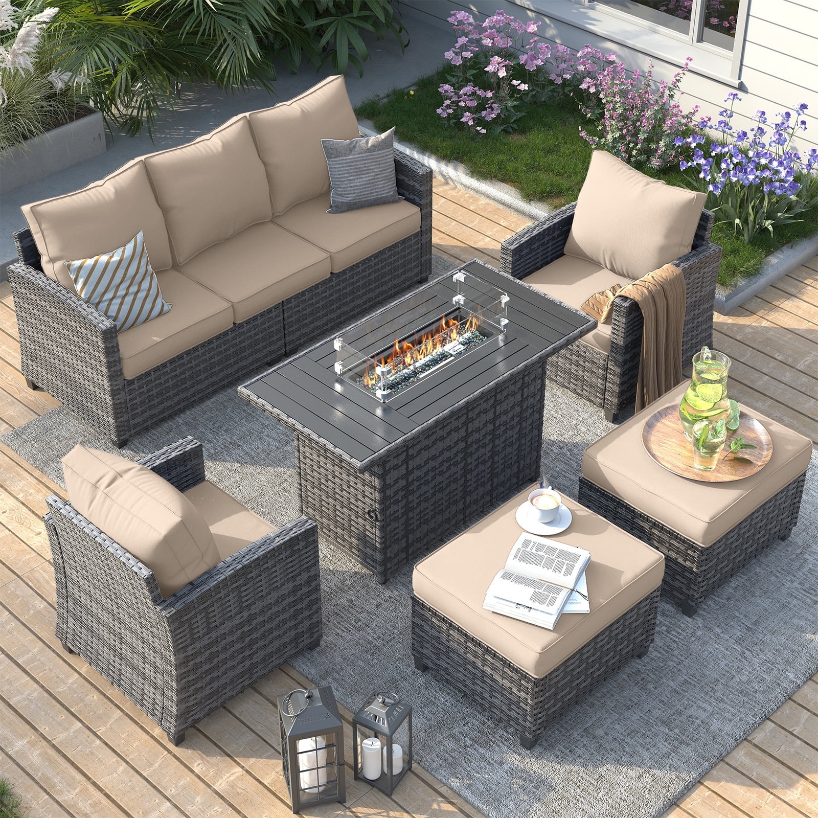ELPOSUN Patio Furniture Sets with Fire Pit Table, 6 Pieces Outdoor ...