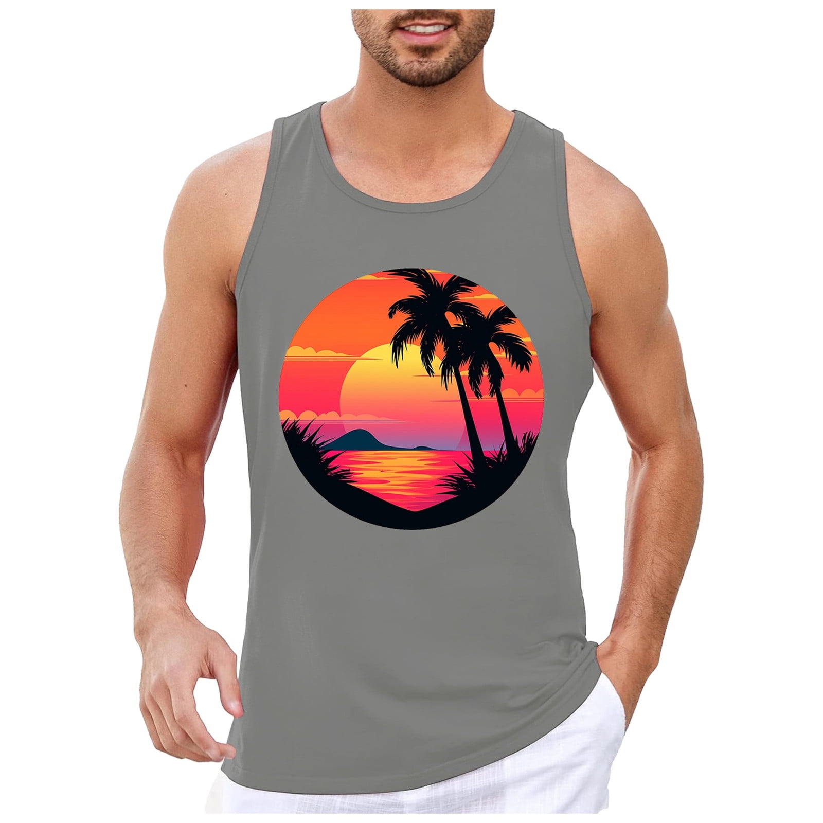 ELQCSG Mens Summer Tank Tops Mens Summer Vacation Beach Hawaii Digital ...