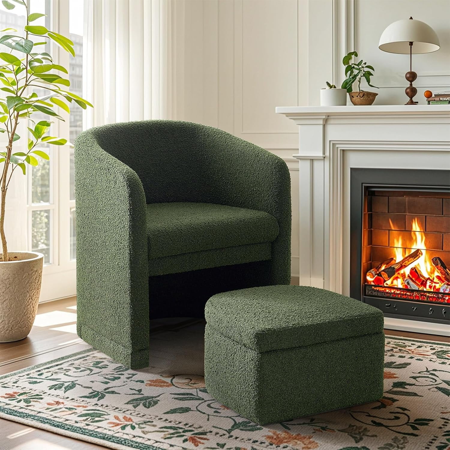 ELUCHANG Green Accent Chair with Storage Ottoman, Upholstered Barrel ...