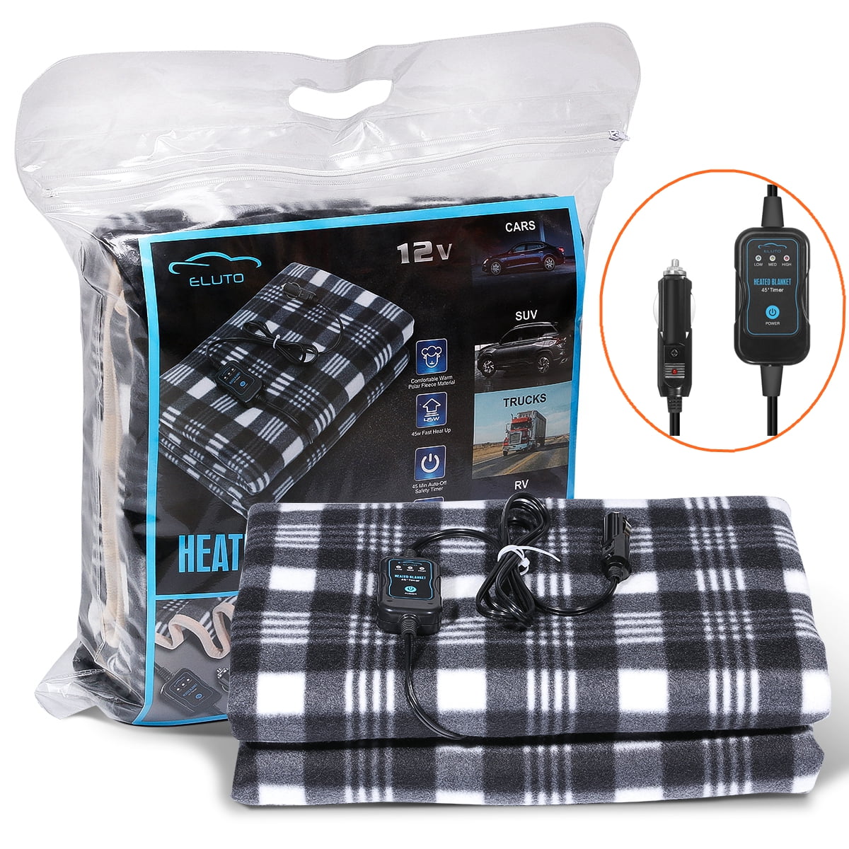 "ELUTO 12V Auto Heated Blanket - 60"" x 43.5"" Fleece for Cars, SUVs ...