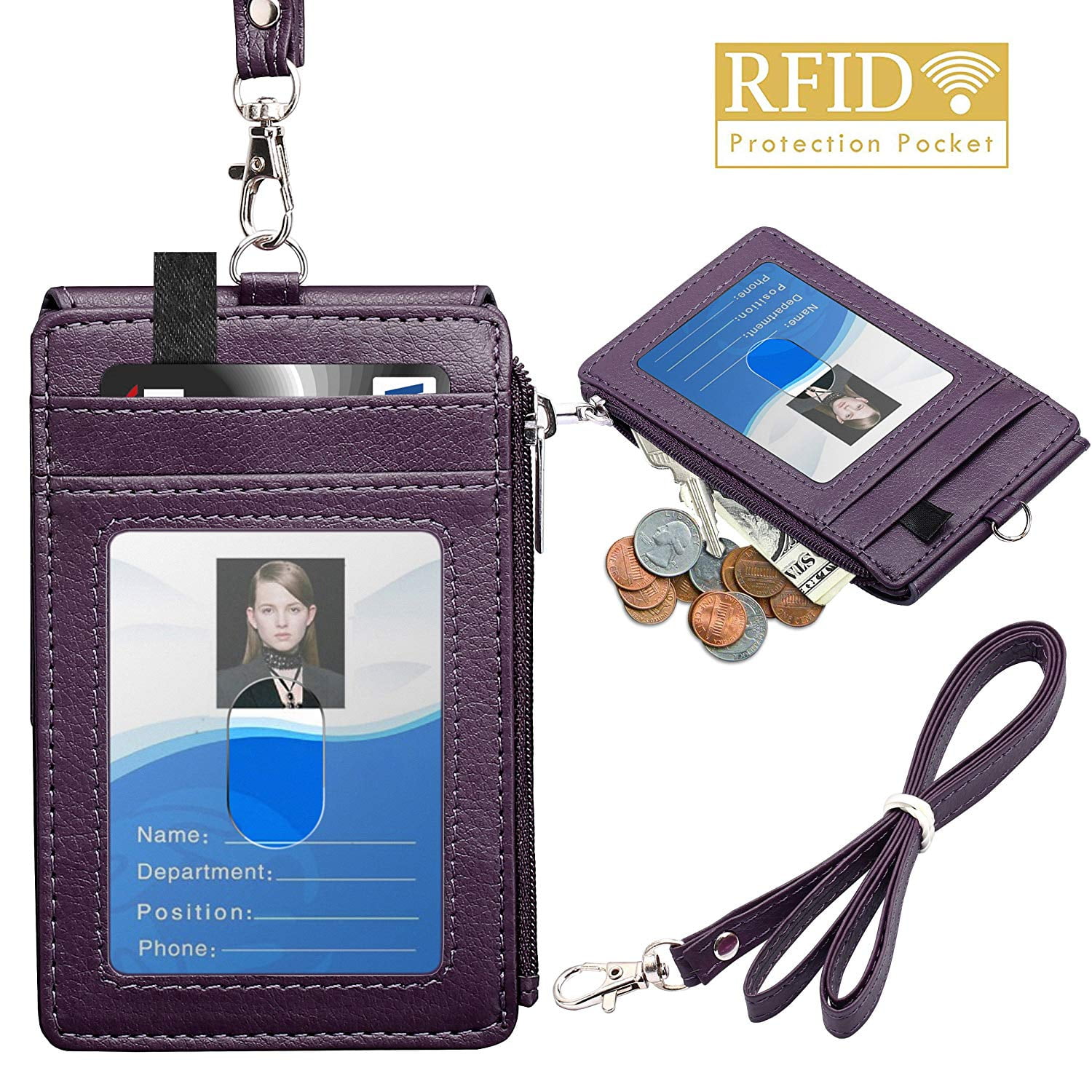 ELV PU Leather ID Badge RFID Safe Pocket, 5 Card Slots/Lanyard ...