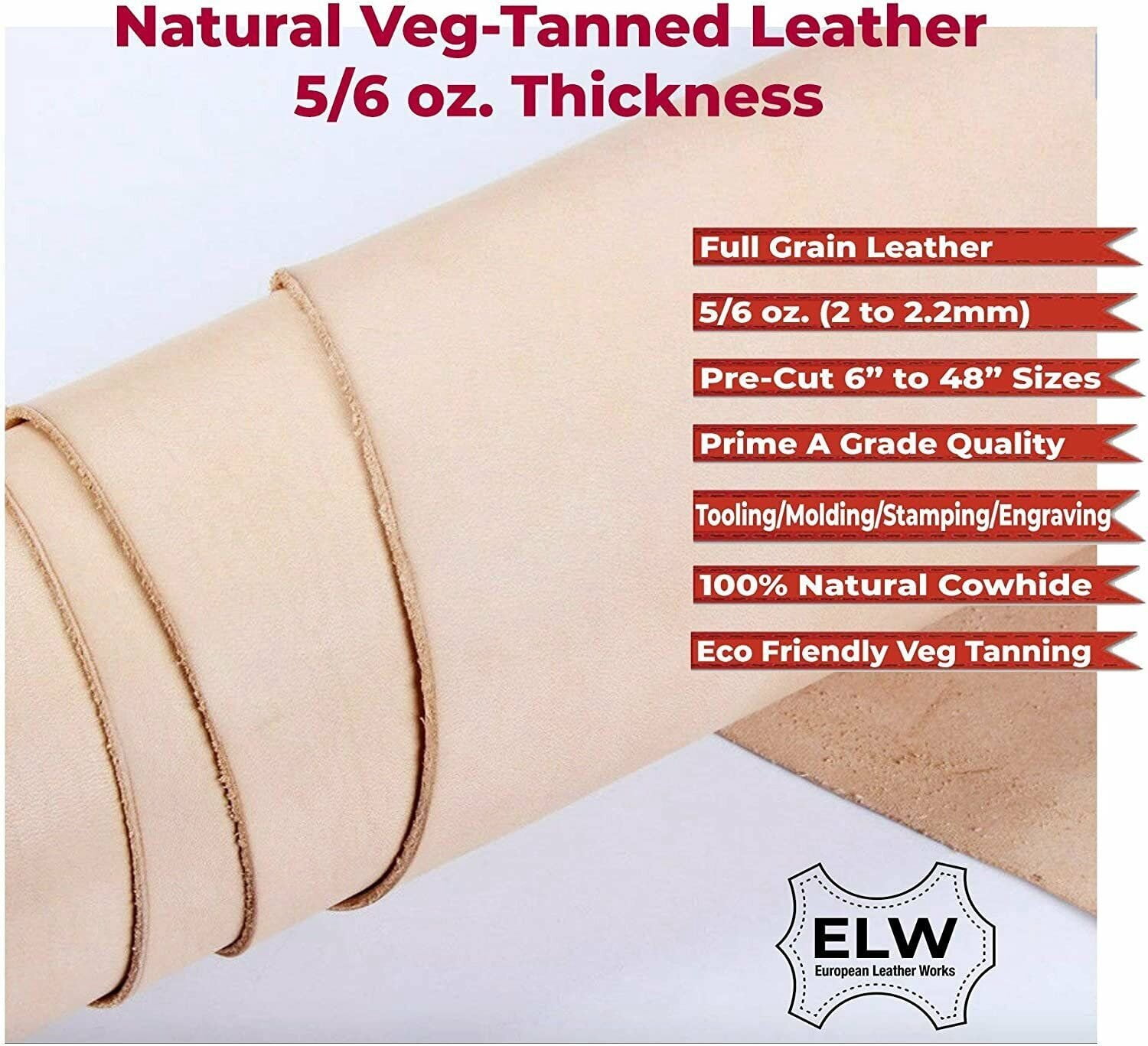 ELW 10-12 FT Vegetable Tanned Leather 5-6 oz 2mm Thickness Pre-Cut ...