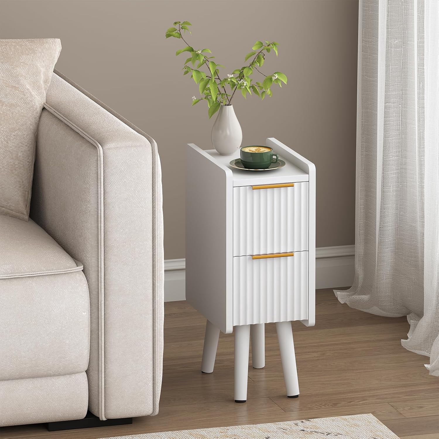 Hanyu 7.9" Narrow Side Table, 20.6" H Fluted Nightstand with Drawers ...