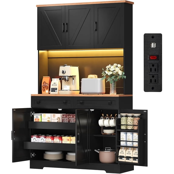 ELYKEN 71" Pantry Cabinet with Charging Station & LED Lights, Tall ...