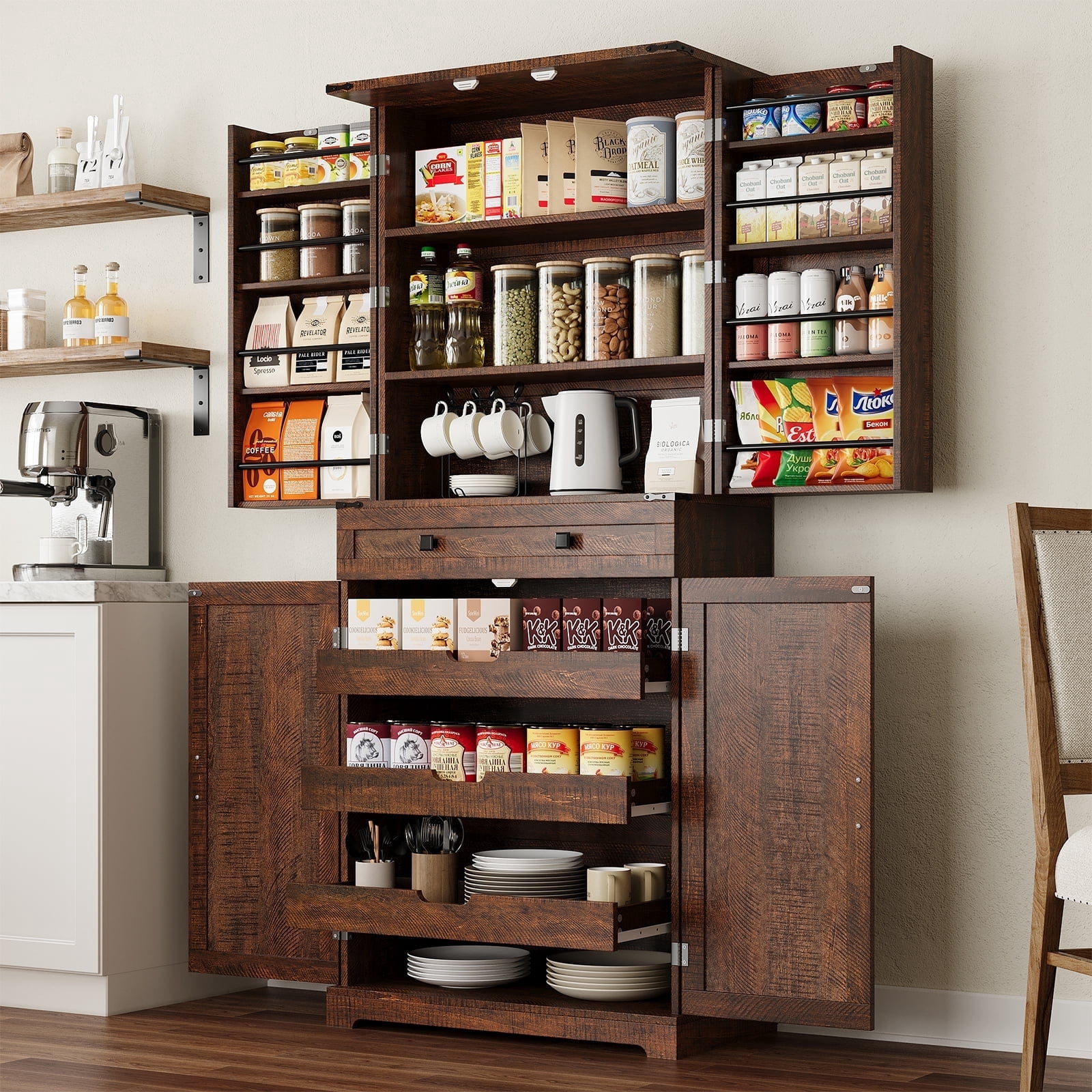 ELYKEN 72" Kitchen Pantry Storage Cabinet with Adjustable Shelves and ...
