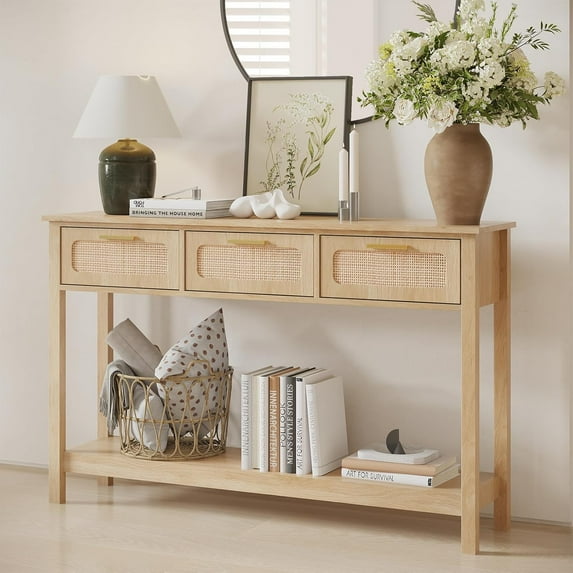 ELYKEN Rattan Console Table with 3 Drawers, 51.2" Entryway Table with ...