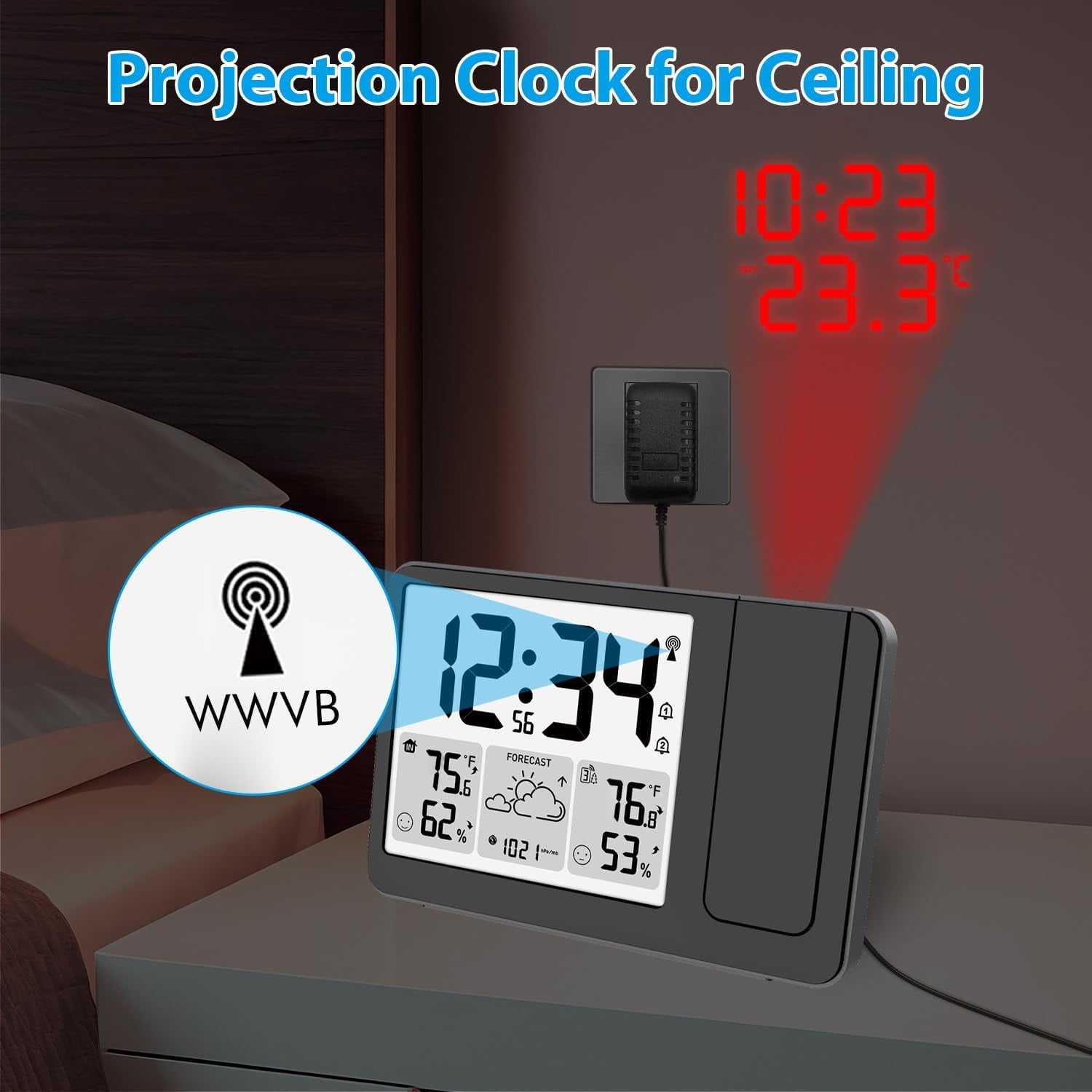 EM3539E Projection Alarm Clock with WWVB , Temperature & Humidity ...