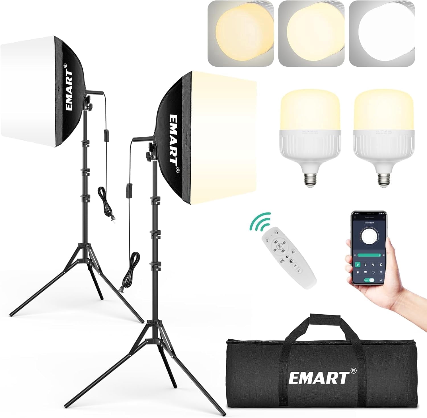Emart 16x16" Softbox Lighting Kit w/ 50W Dimmable LED & Remote ...