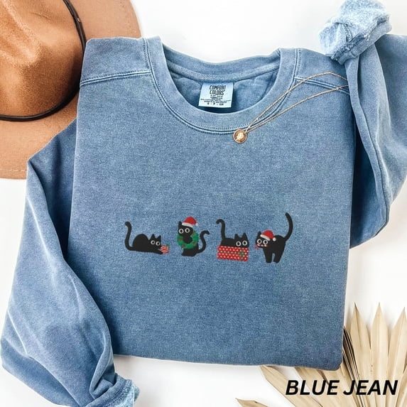 EMBROIDERED Comfort Colors Christmas Cats Sweatshirt, Cute Holiday Cats ...