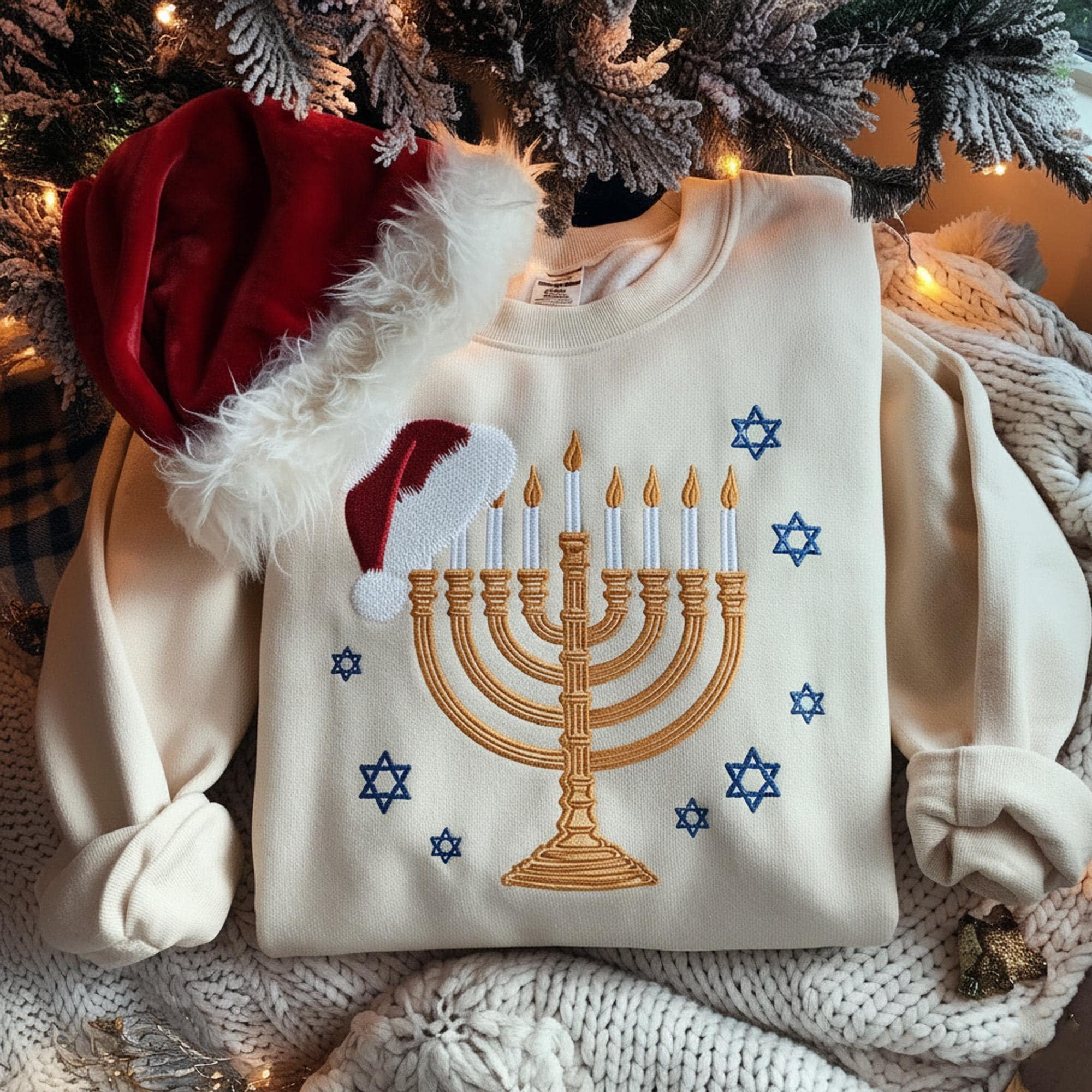 EMBROIDERED Menorah Christmas Sweatshirt, Jewish Embroidered Sweatshirt ...