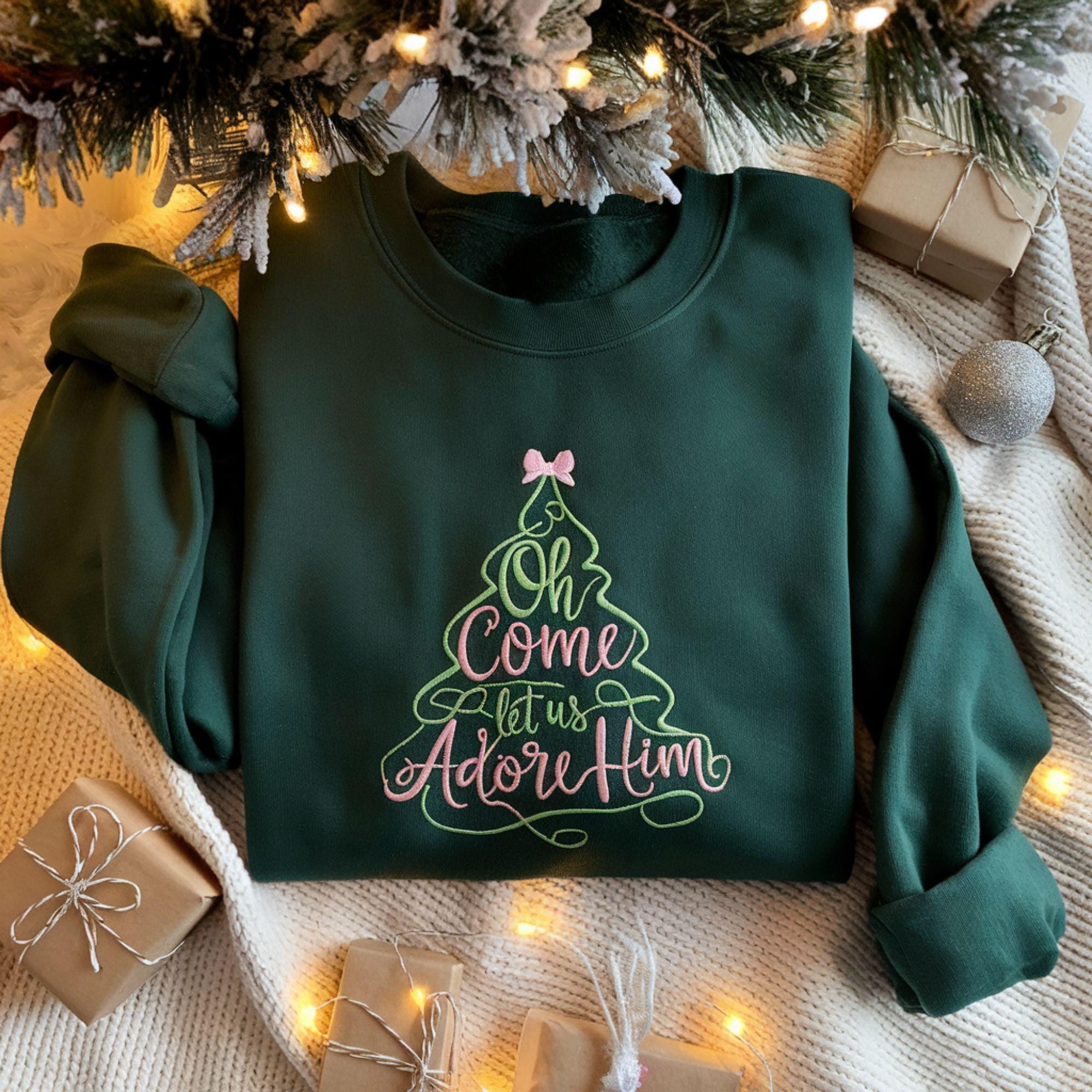 EMBROIDERED Religious Christmas Sweatshirt, Oh Come Let Us Adore Him ...