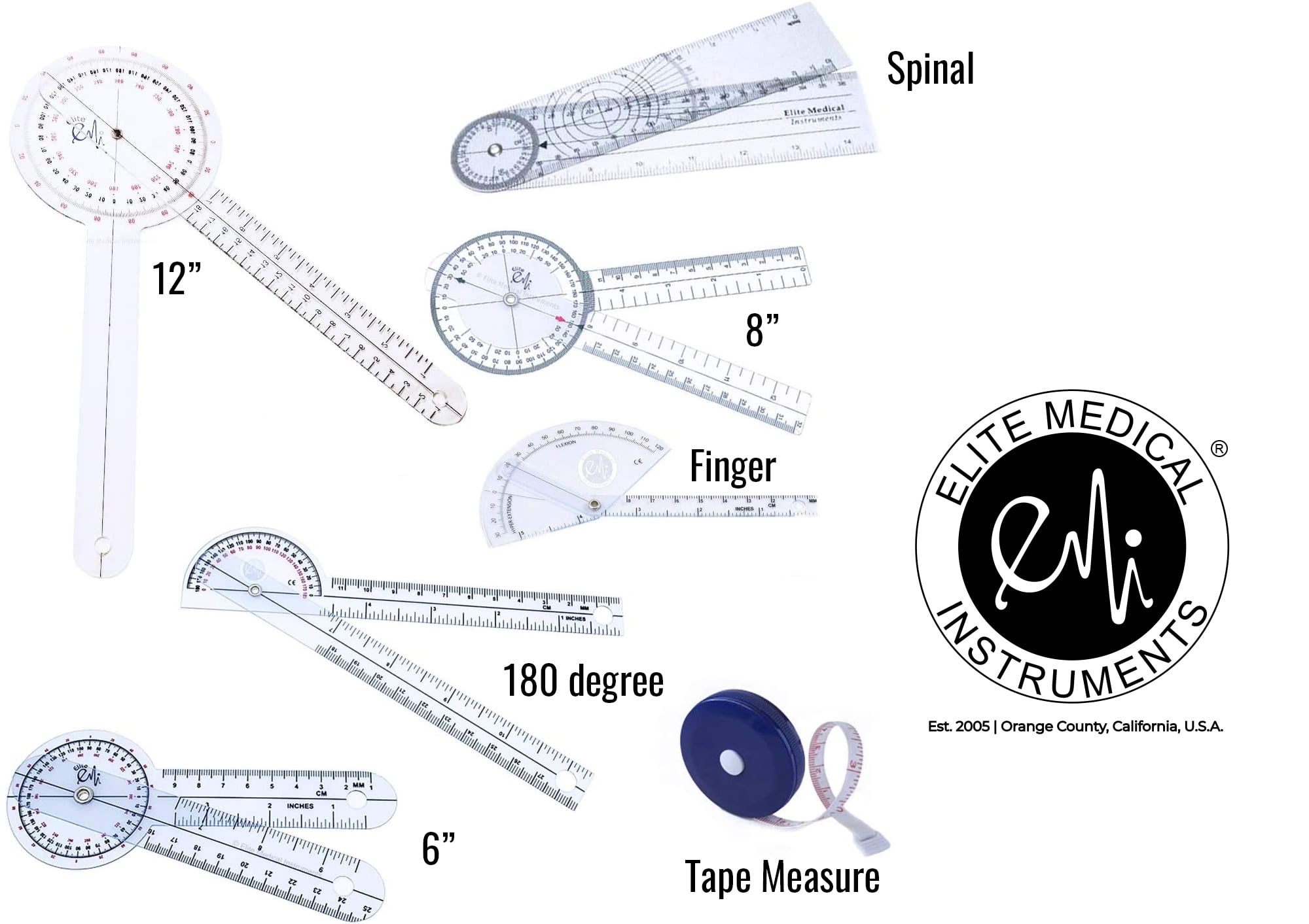 EMI 6 Piece Goniometer Set Plus Measuring Tape - 7 Pieces Total EGM-431 ...
