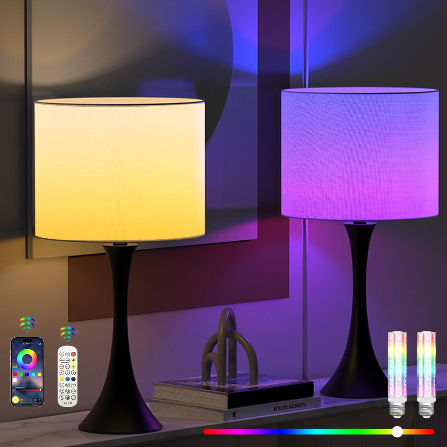 EMIE Modern Set of 2, Smart Bedside Table Lamps with APP Remote Control ...