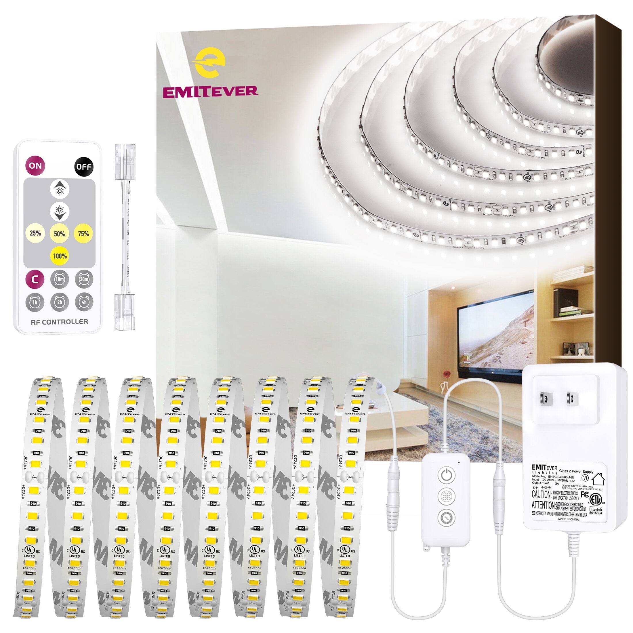 EMITEVER LED Strip Lights Kit 16.4ft,5000K Cool White, Dimmable, CRI 95 ...