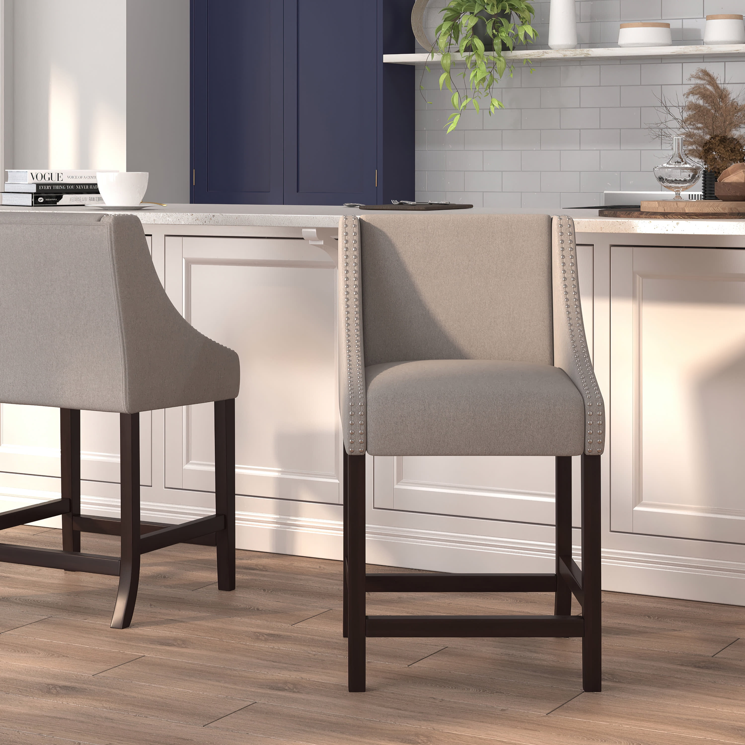 EMMA + OLIVER 24" Counter Height Stool, Light Gray Fabric, Walnut ...