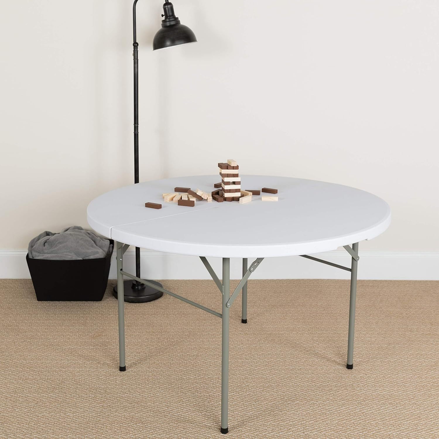EMMA + OLIVER 4-Foot Round Bi-Fold Granite White Plastic Event Folding Table with Handle ...
