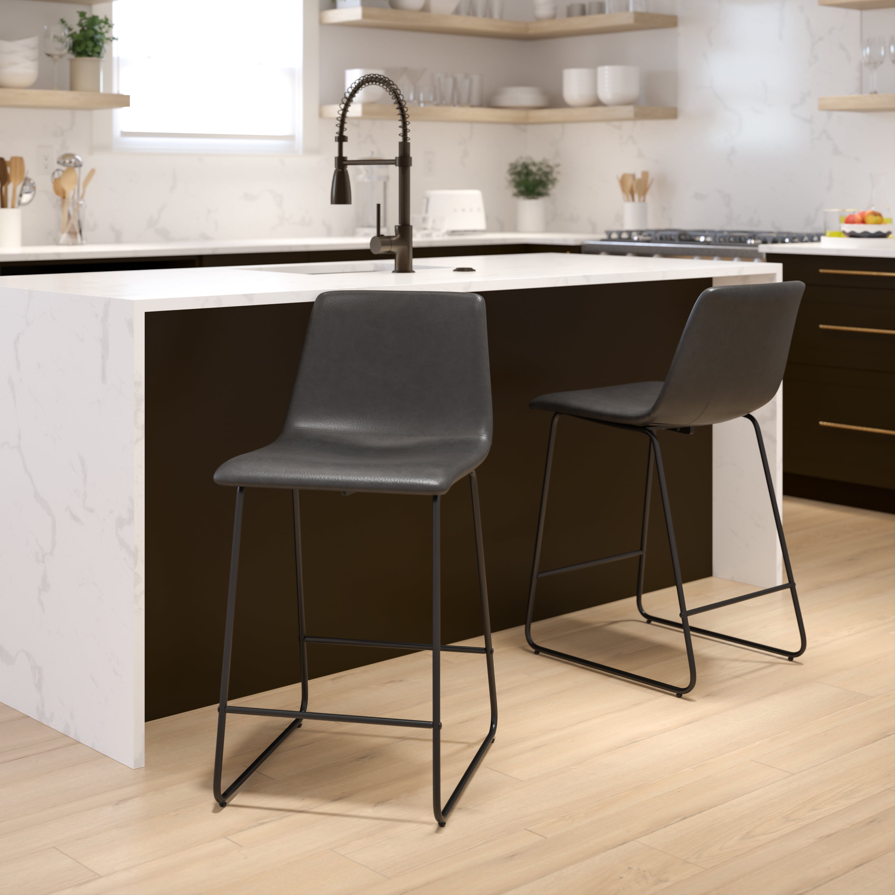 Emma + Oliver Set of 2 Leather Barstools - 24 Inch Dark Gray Kitchen ...