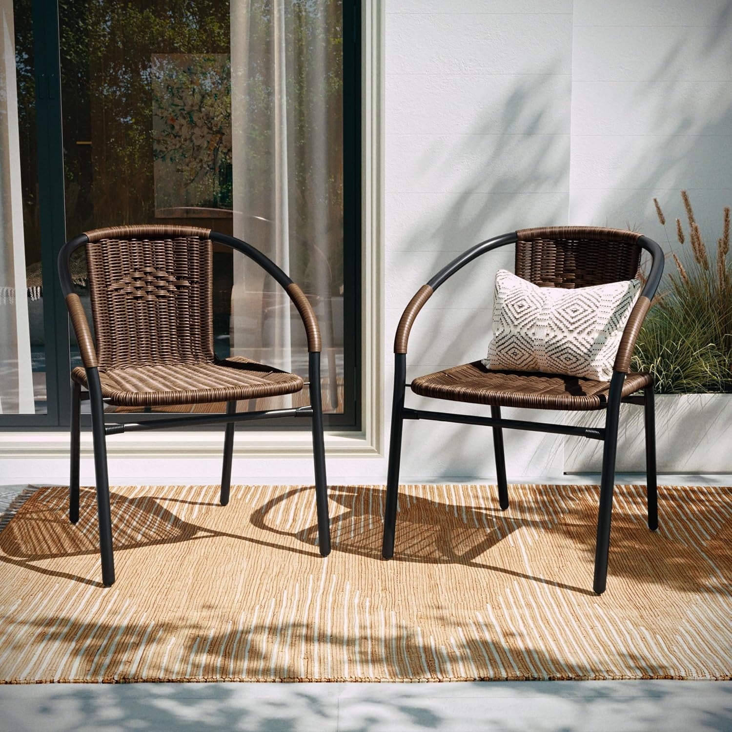 EMMA + OLIVER Set of 2 Modern Rattan Indoor/Outdoor Stack Chairs ...