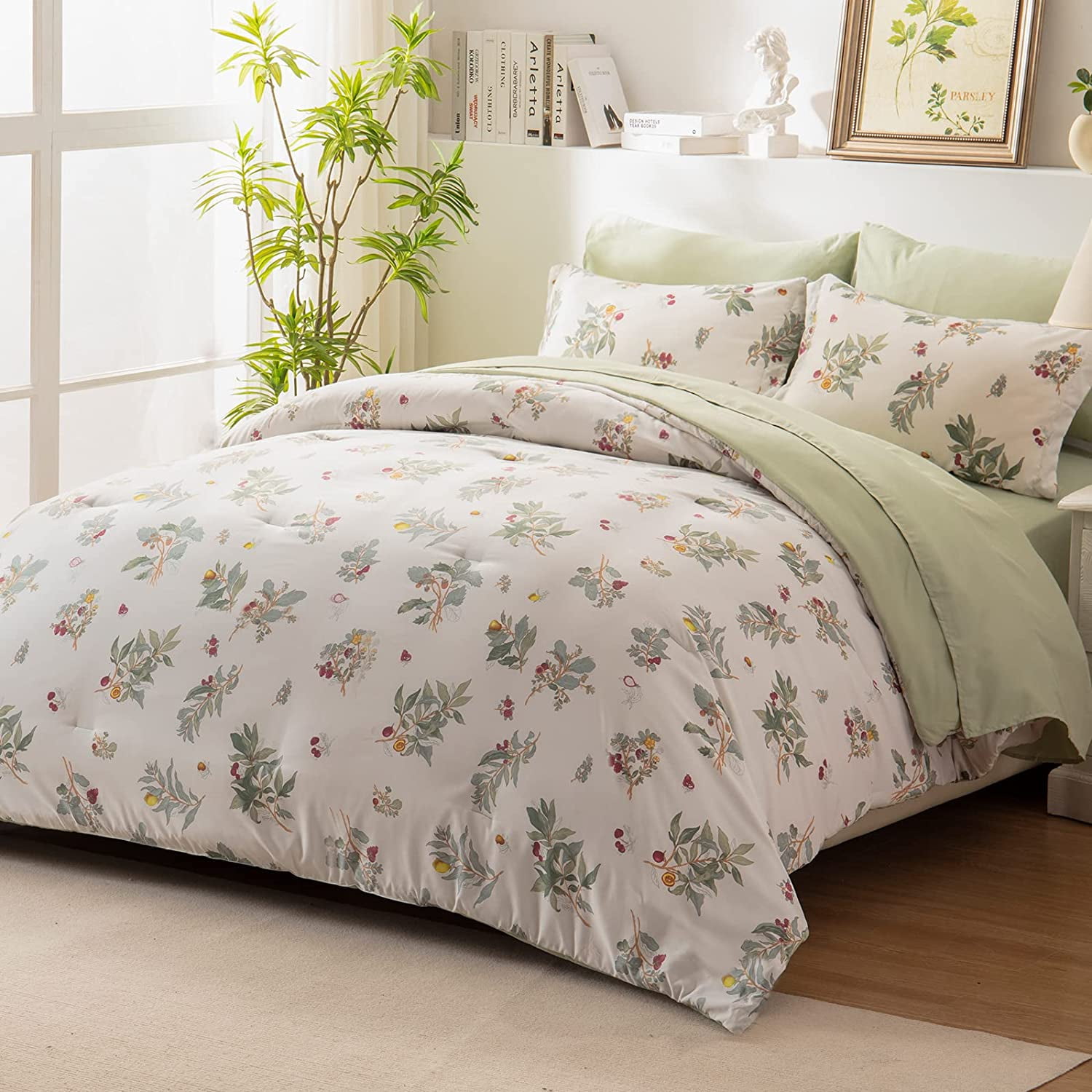 EMME Botanical Sage Green Comforter Set Queen Size 7 Pieces, Brushed ...