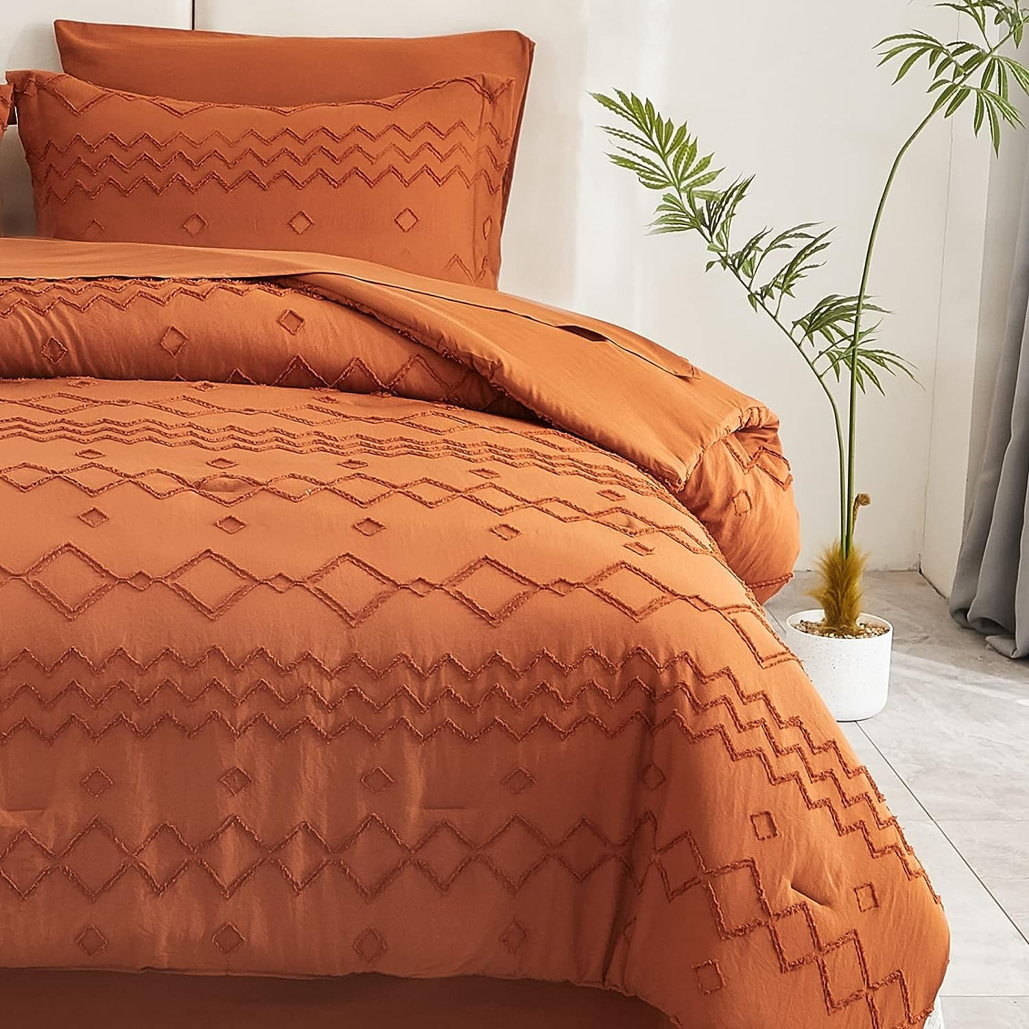 EMME Pumpkin Boho Tufted Comforter Set Bed in A Bag 5 Piece, Shabby ...