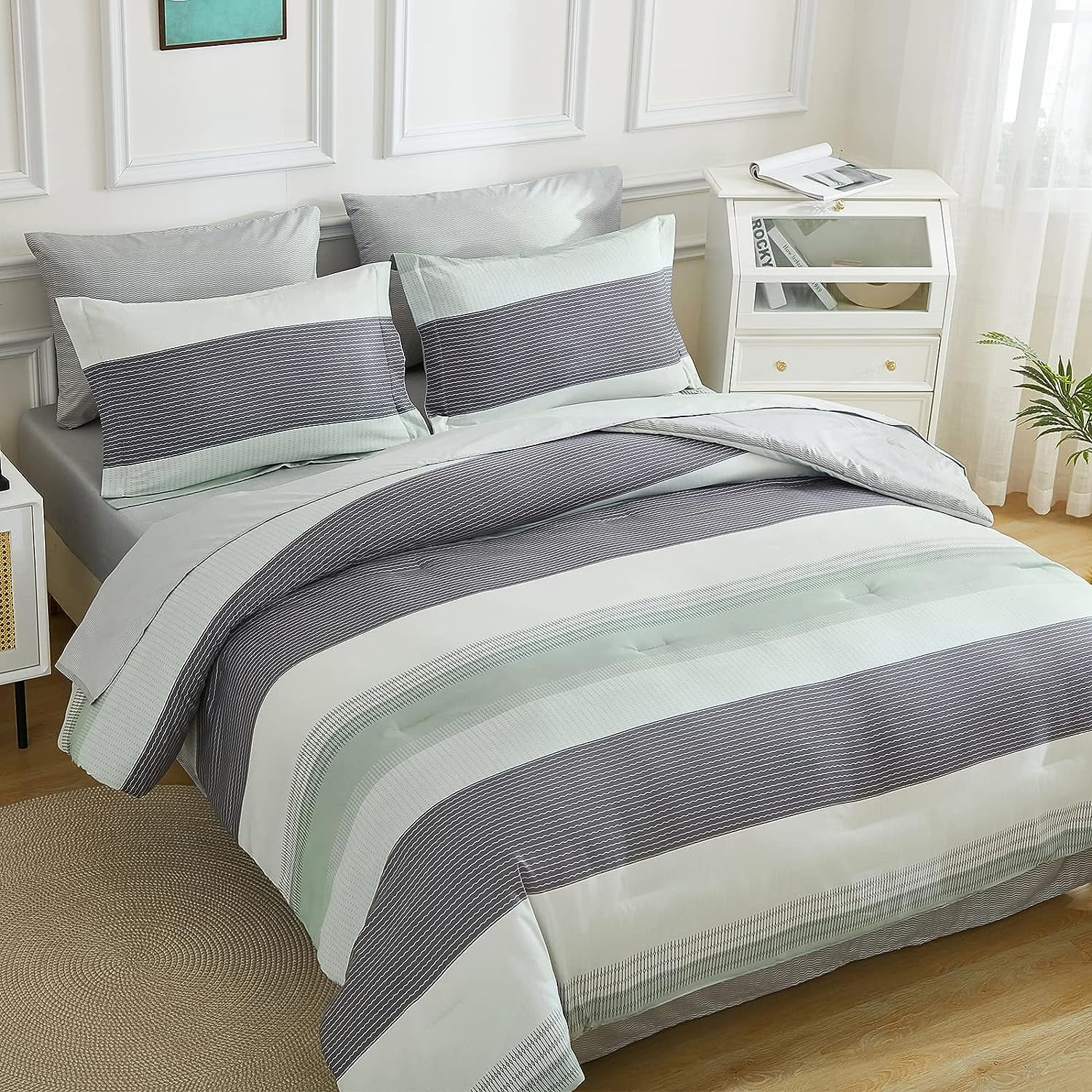 EMME 7-Piece Queen Size Comforter Set, Sage Green Stripe Microfiber ...