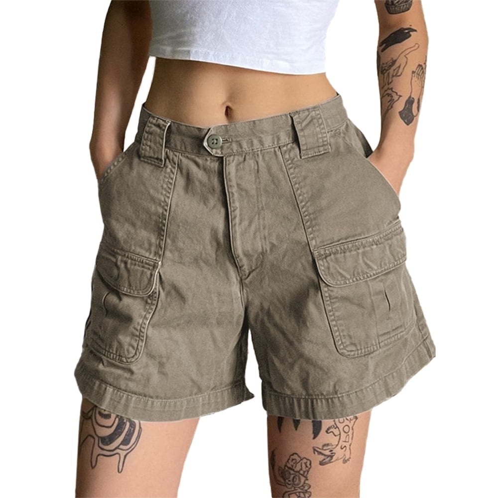 EMMIOL Women's Mid Waist Cargo Shorts Elastic Waist Casual Summer ...