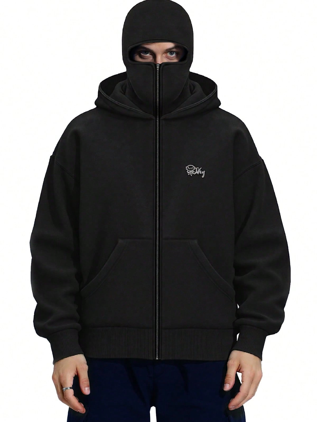EMMIOL Men's Y2K Street Double Hat Oversized Hoodie Black Full Face ...