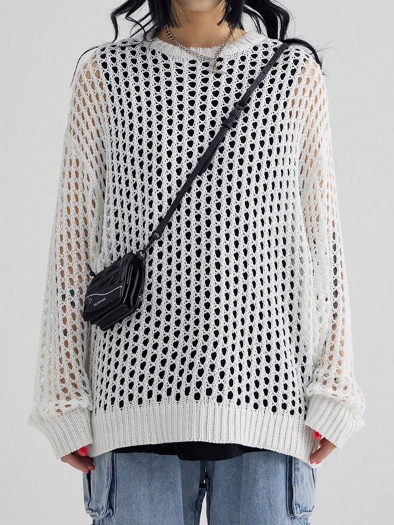 EMMIOL Women's Openwork Knit Sweater 2025 Fall Y2K Oversized Sheer Mesh ...