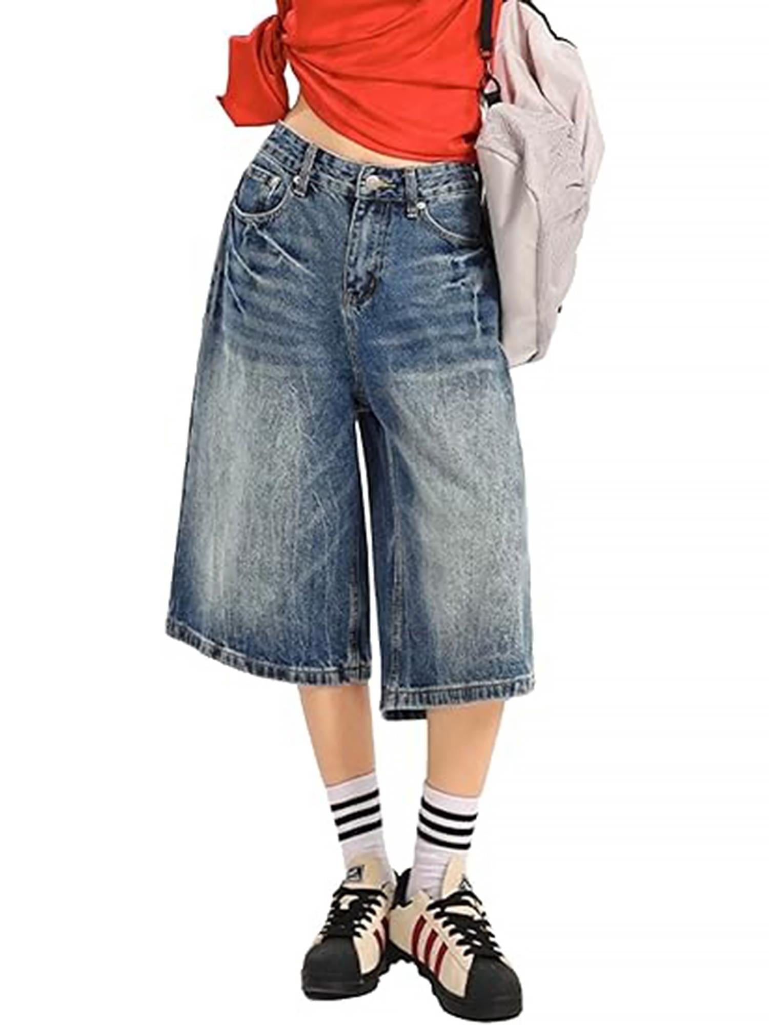 EMMIOL Women's Jean Shorts Y2K Mid Waist Baggy Wide Leg Denim Shorts ...