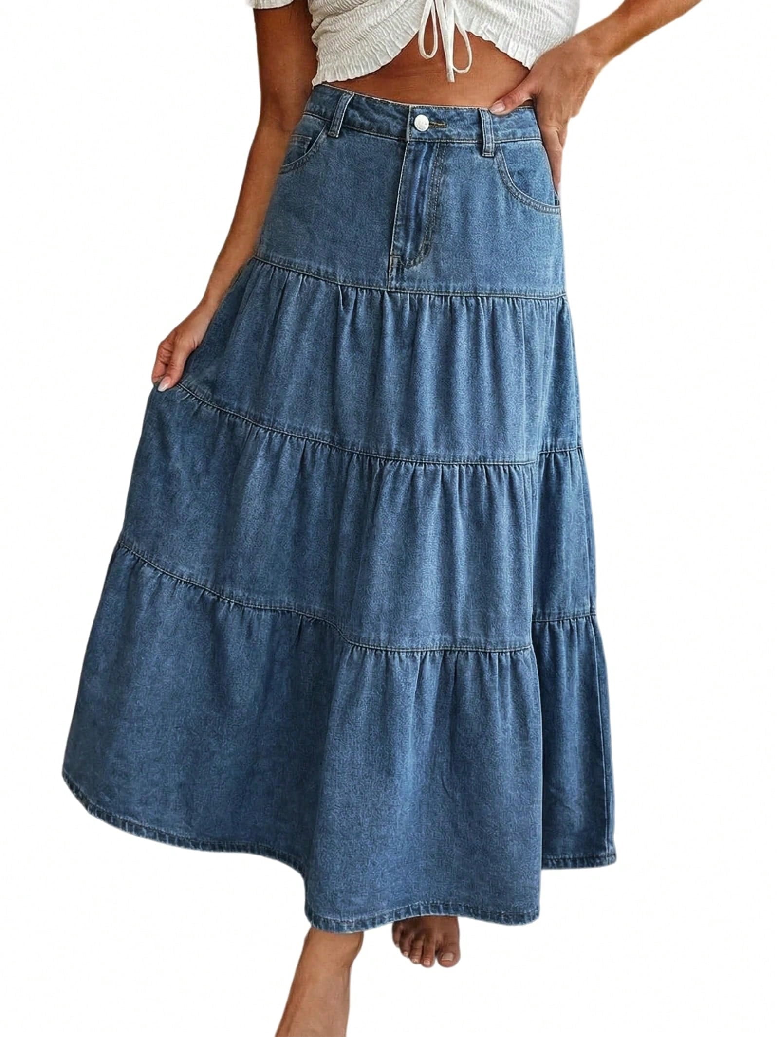 EMMIOL Women's High Waisted Tiered Denim Maxi Skirt Vintage A-Line ...