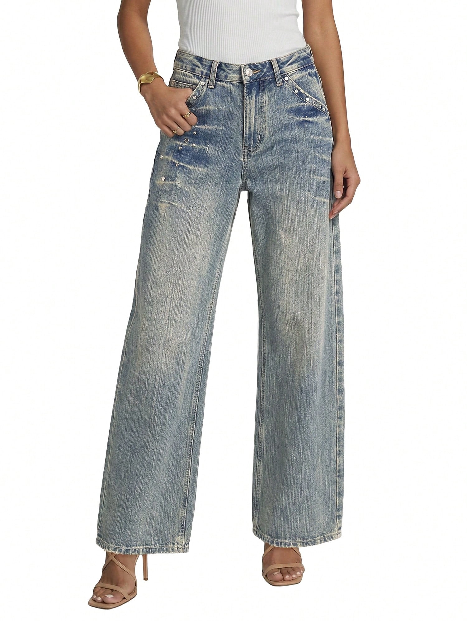 EMMIOL Women's Mid-High Waist Y2K Baggy Wide Leg Jeans Vintage Washed ...