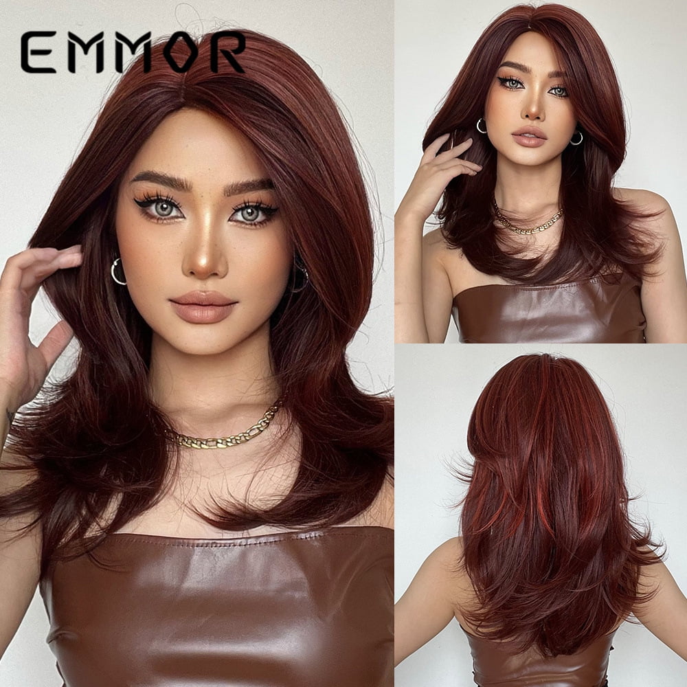 EMMOR Amazon New Gradient Side Part French Bangs Slightly Curly Medium ...