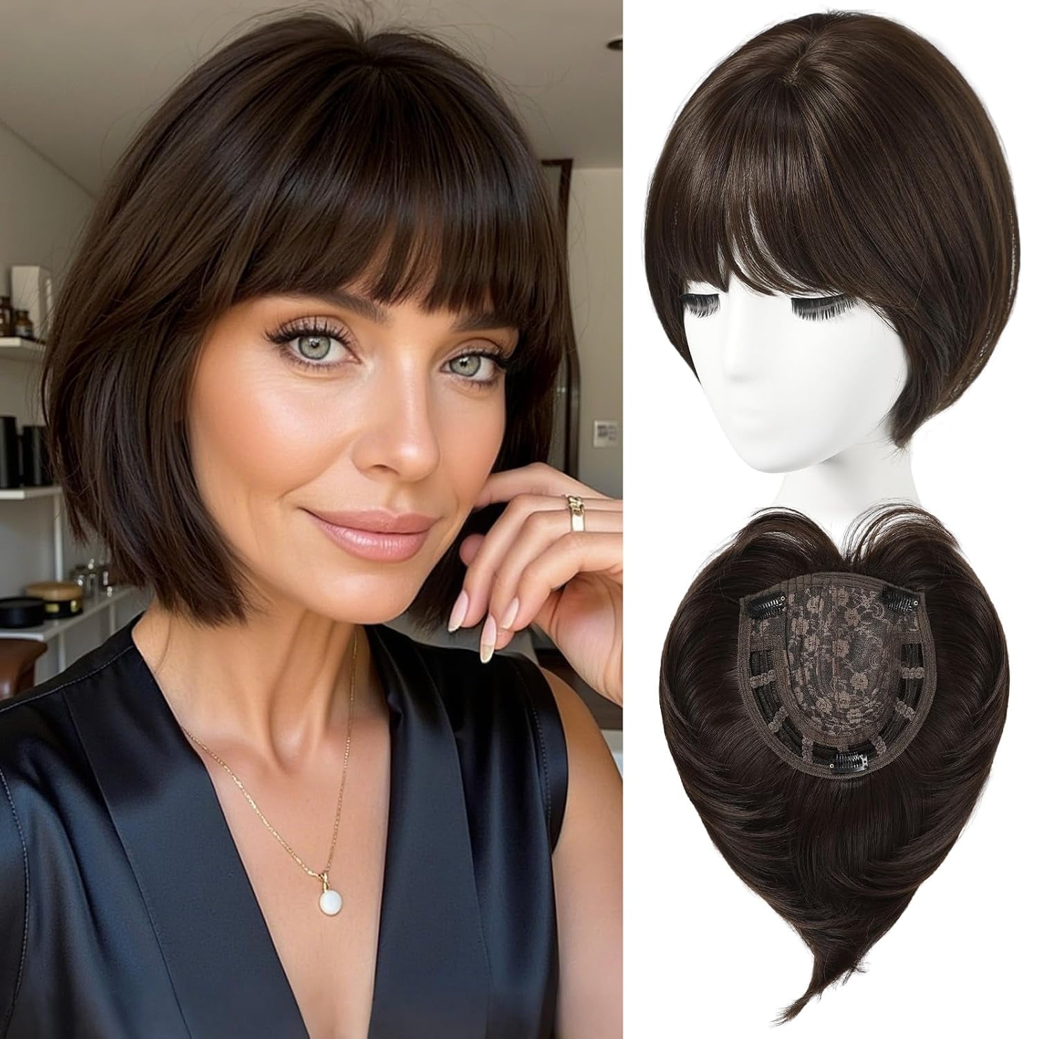 EMMOR Hair Toppers for Women Short Bob Synthetic HairPieces with Bangs 10" Side Part Toppers for ...