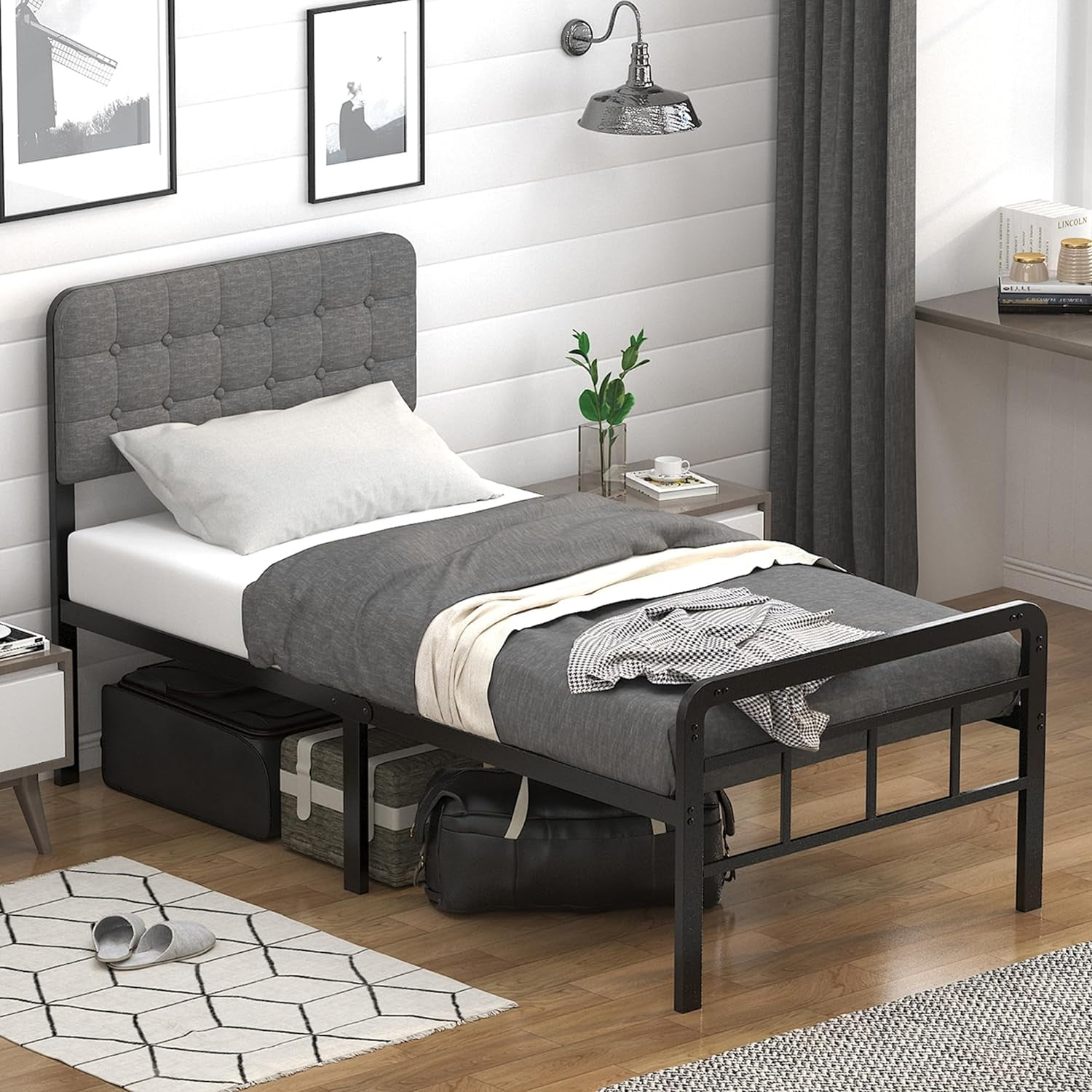 EMODA 16 Inch Twin XL Bed Frames with Upholstered Headboard and Metal Footboard, Heavy Duty XL ...