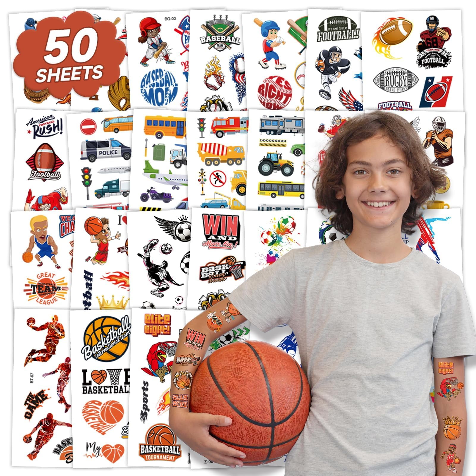 EMOME 300 Styles Kids DHF10 Tattoos Temporary for Boys, Transportation, Sports Tattoos for Kids ...