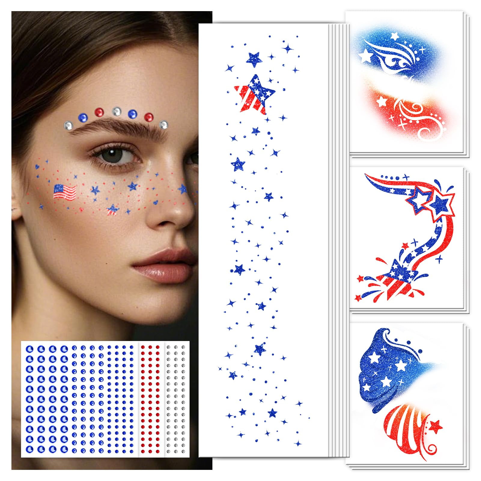EMOME 4th of July Decorations, Independence Day Glitter Freckles Face Tattoos with Red White ...