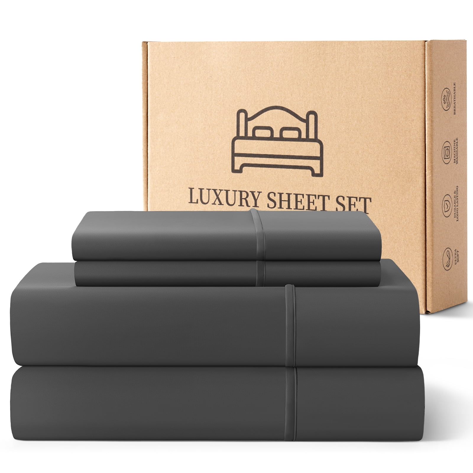 EMONIA Queen Bed Sheet Set 4-Piece with 14" Deep Pocket, Hotel Luxury ...