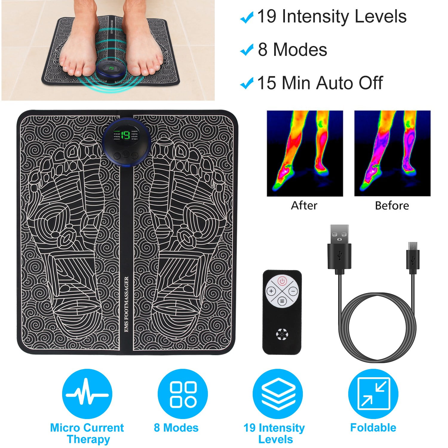 EMS Foot Massager Pad w/ Romote Control 8 Modes 19 Intensity Muscle ...