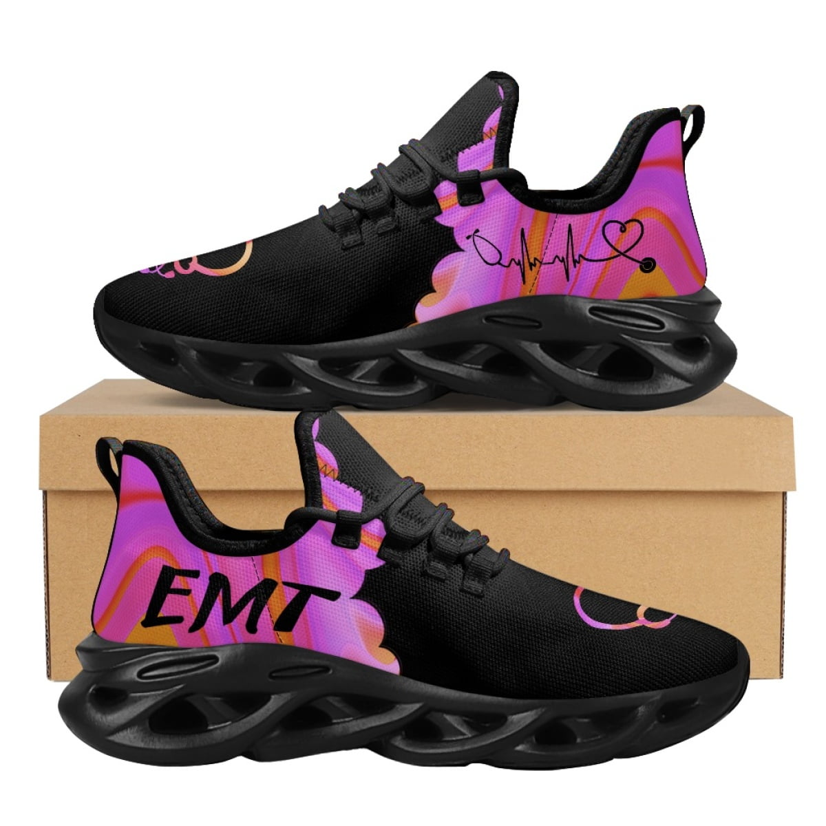 EMT ECG Medical Pattern Lace-up Mesh Sneakers for Women Round Toe Air ...