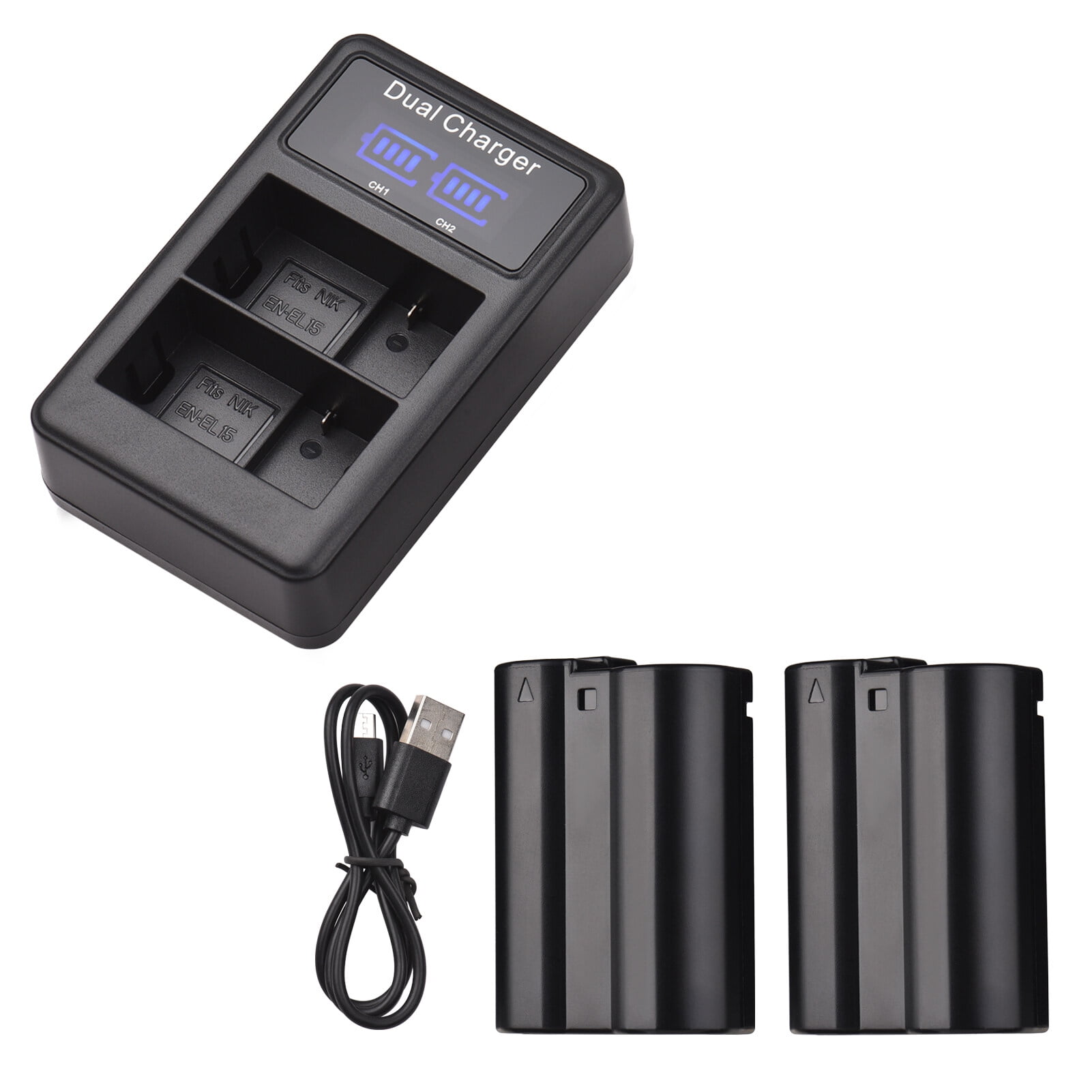 EN-EL15 Battery & Charger Kit 2pcs 7.4V 2550mAh Battery + 1pc LED2-EL15 ...