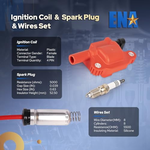 ENA Set of 8 Red Ignition Coil and 7mm Red Wire Set with 8 Platinum Spark Plug Compatible with ...