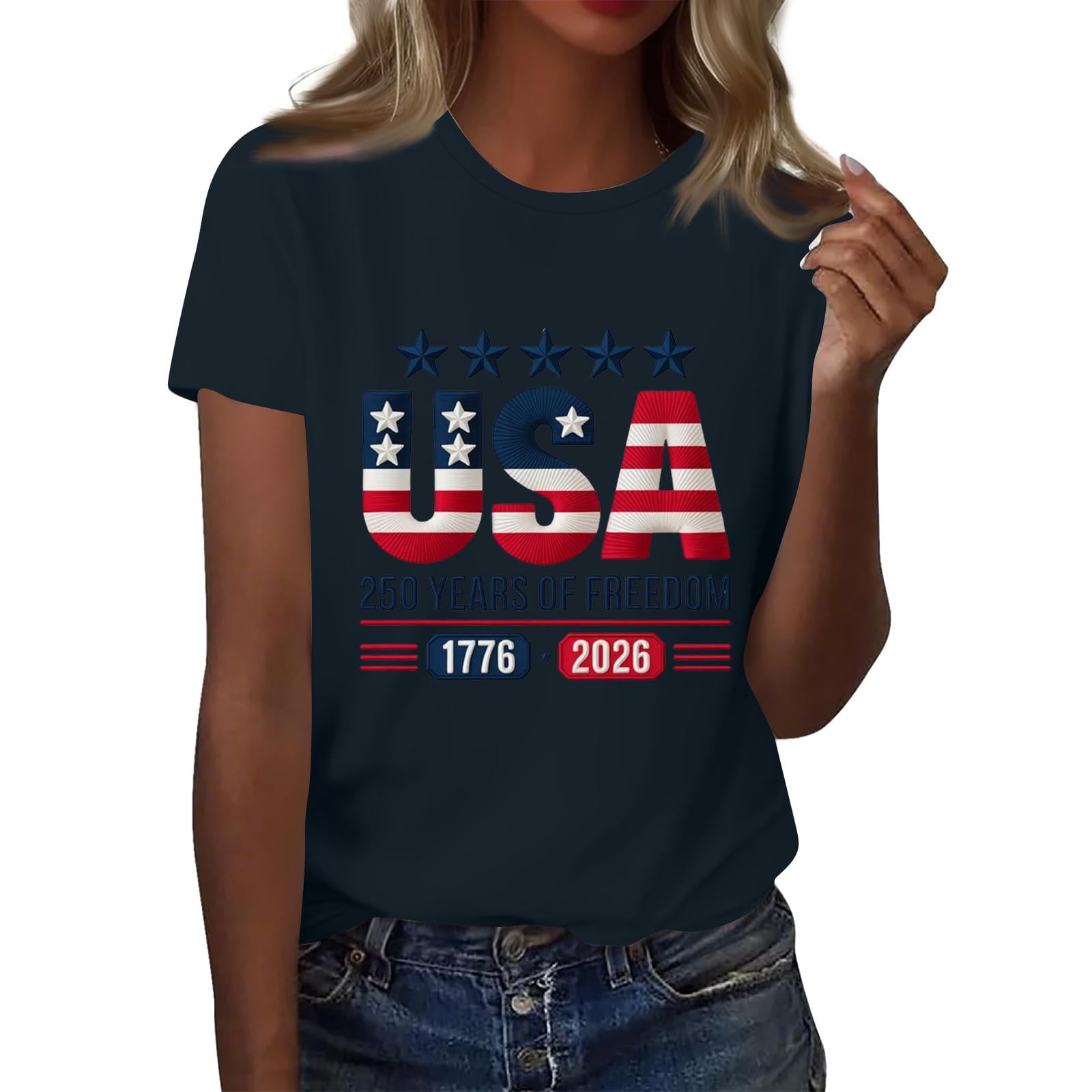 Minjewel 4th of July Shirts Women, Basic Round Neck Printed Tee ...