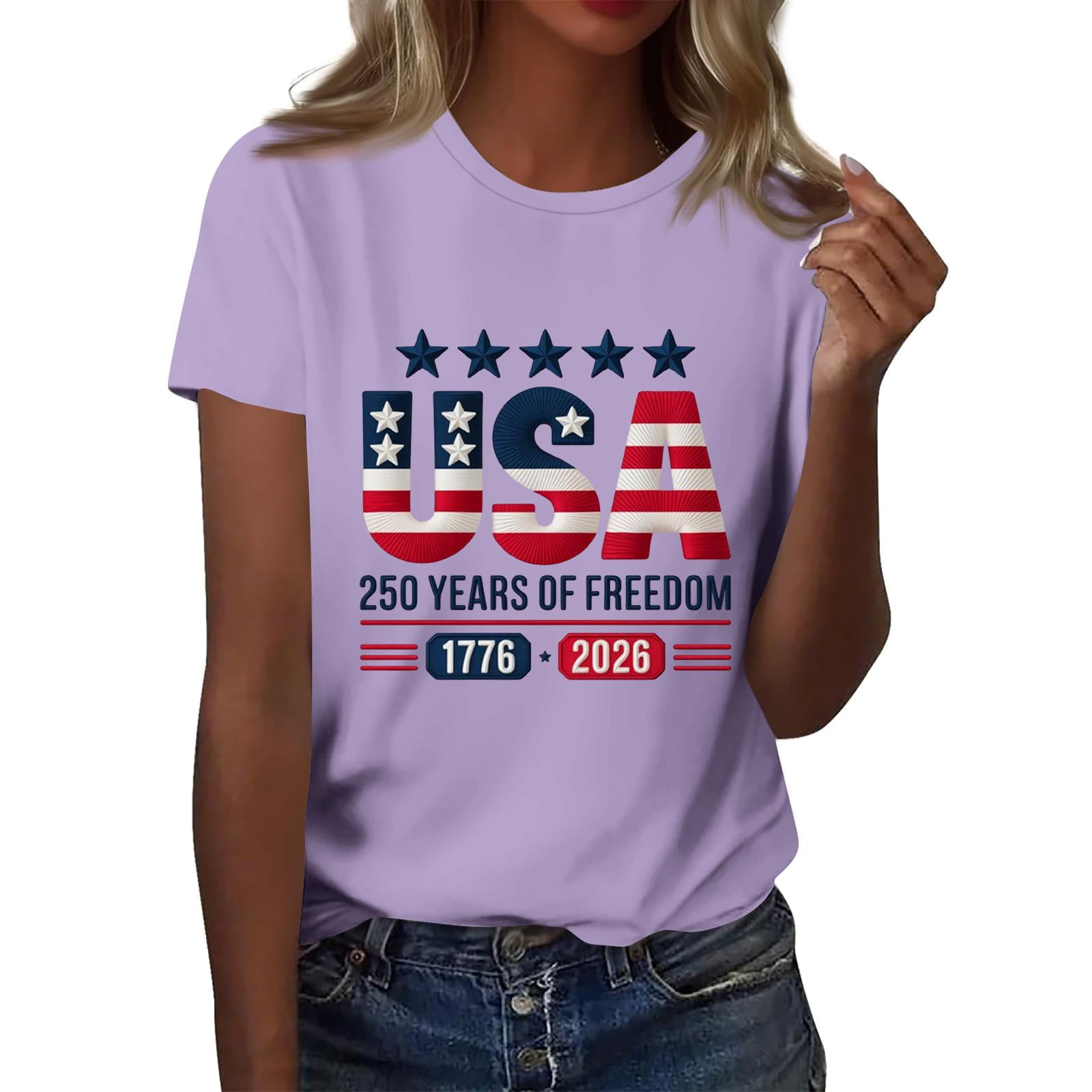 Minjewel 4th of July Shirts Women, Basic Round Neck Printed Tee ...