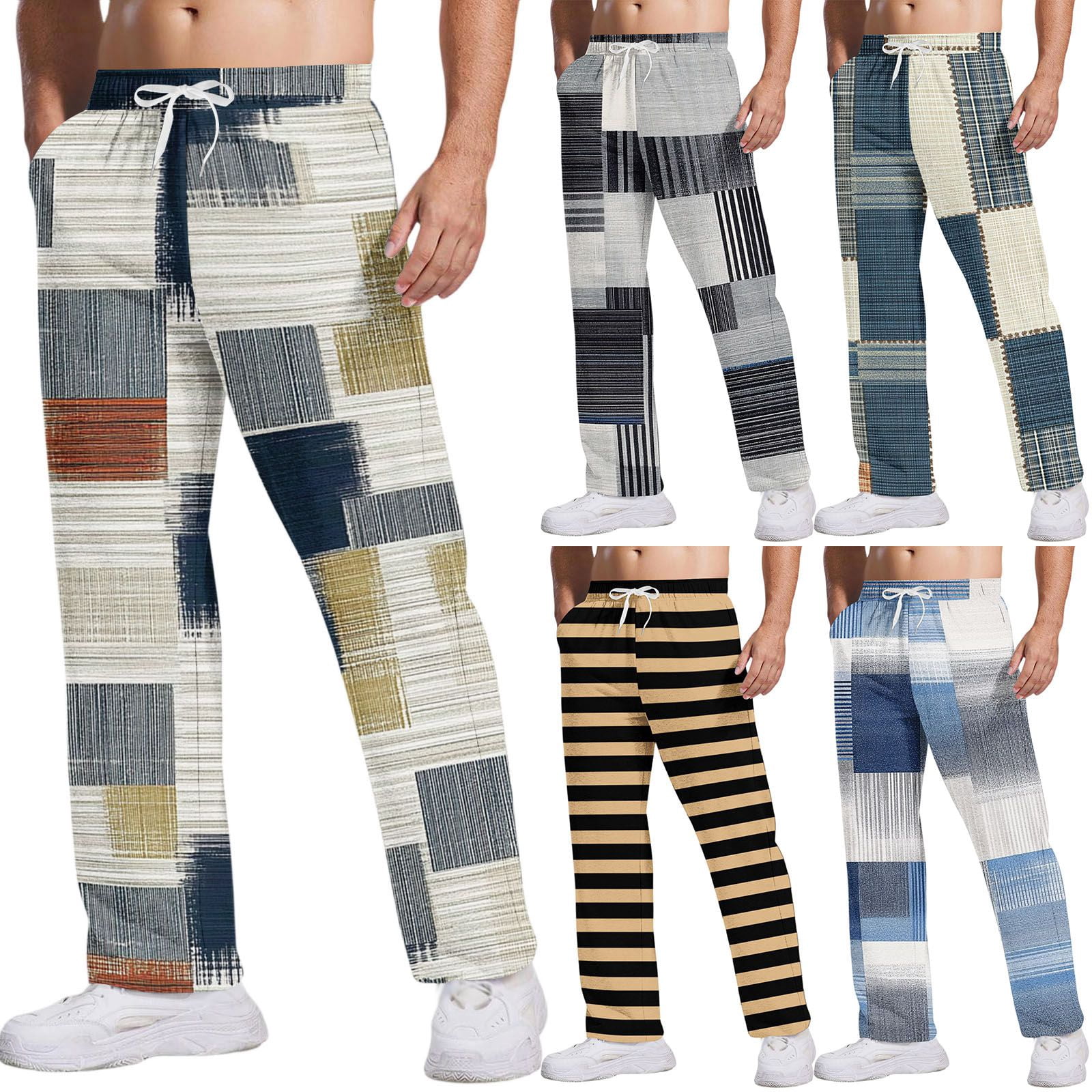ENCCRWIN Men's Casual Drawstring Pants with Checkered Stripe Design ...