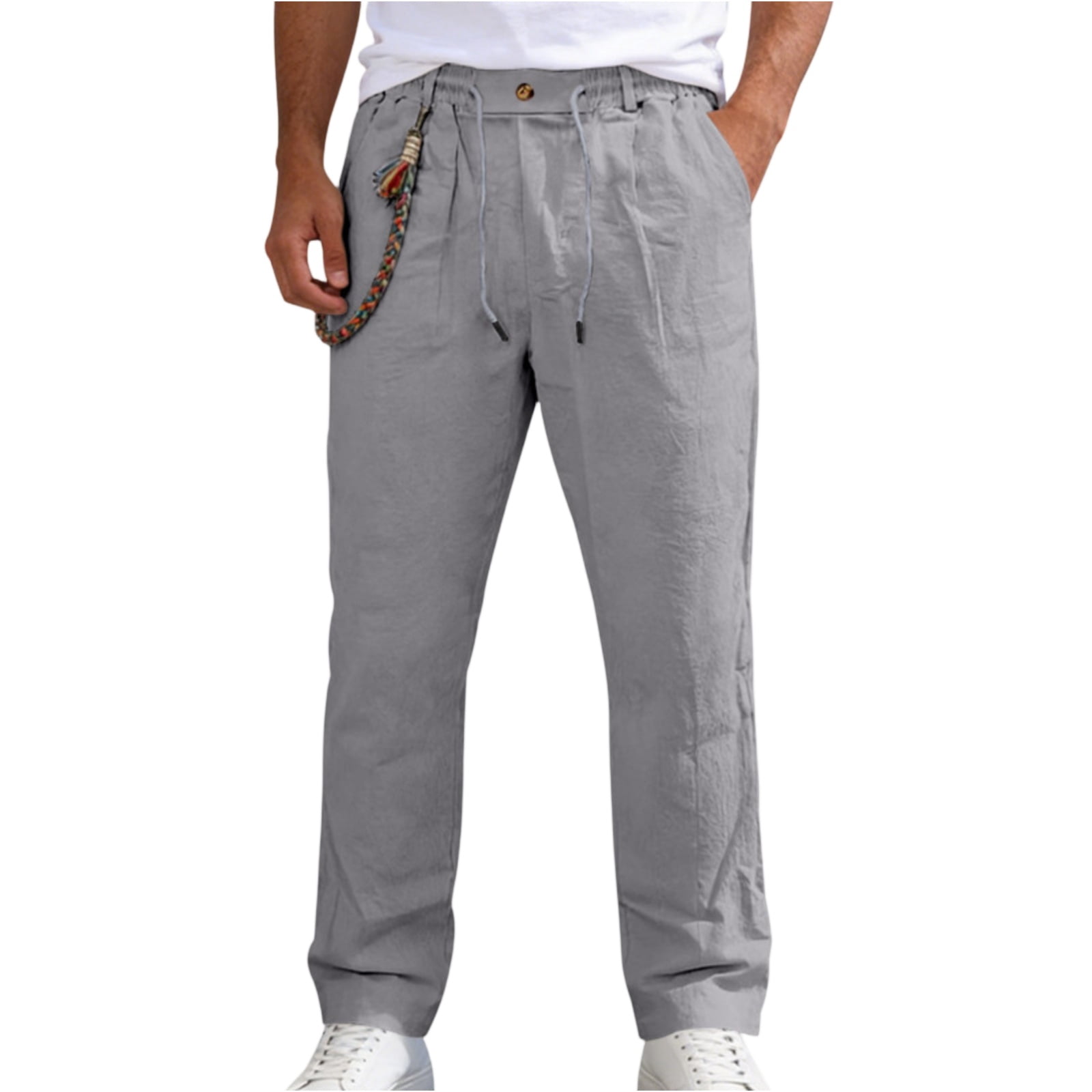 ENCCRWIN Men's Casual Fashion Solid Color Loose Linen Straight Leg ...