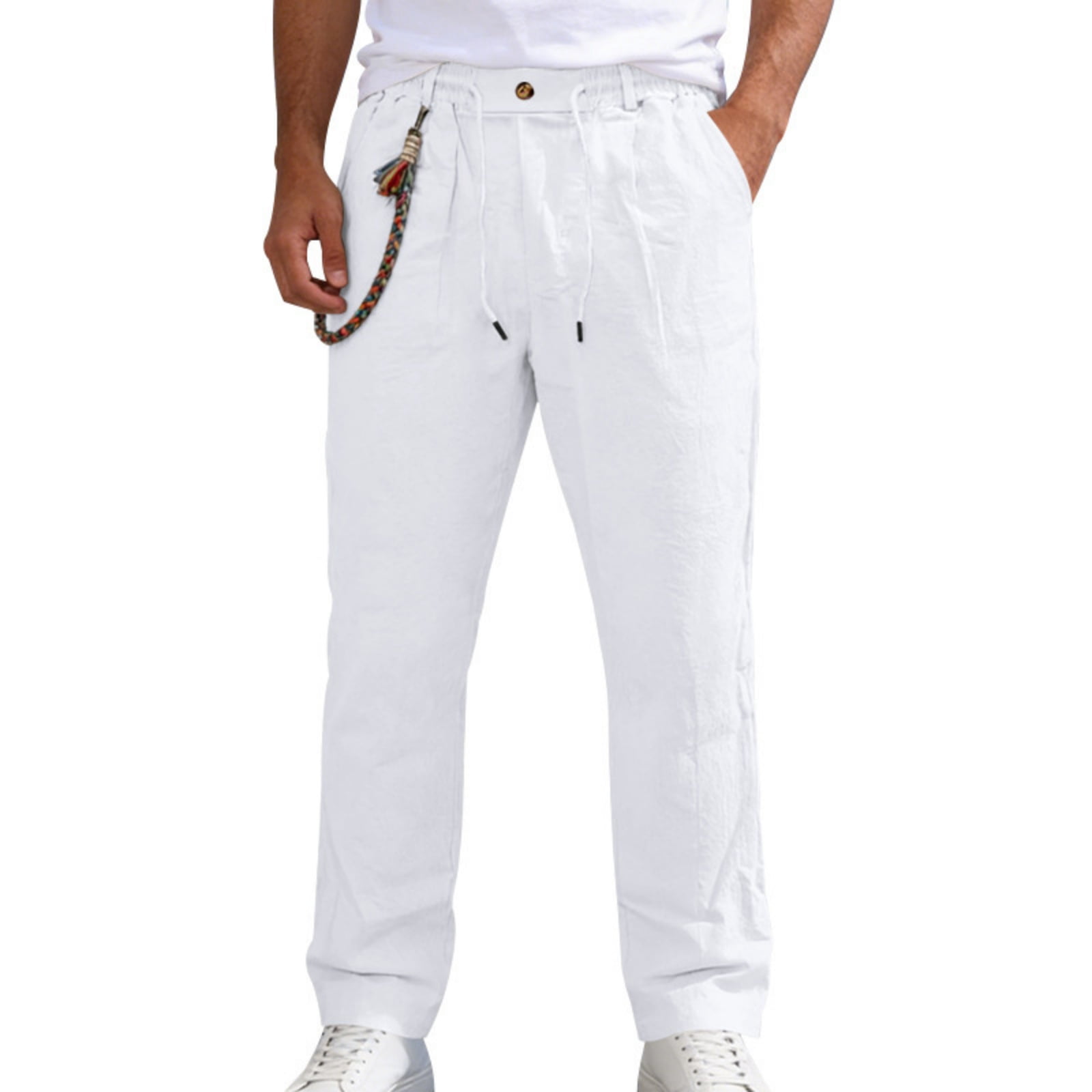 ENCCRWIN Men's Casual Fashion Solid Color Loose Linen Straight Leg ...